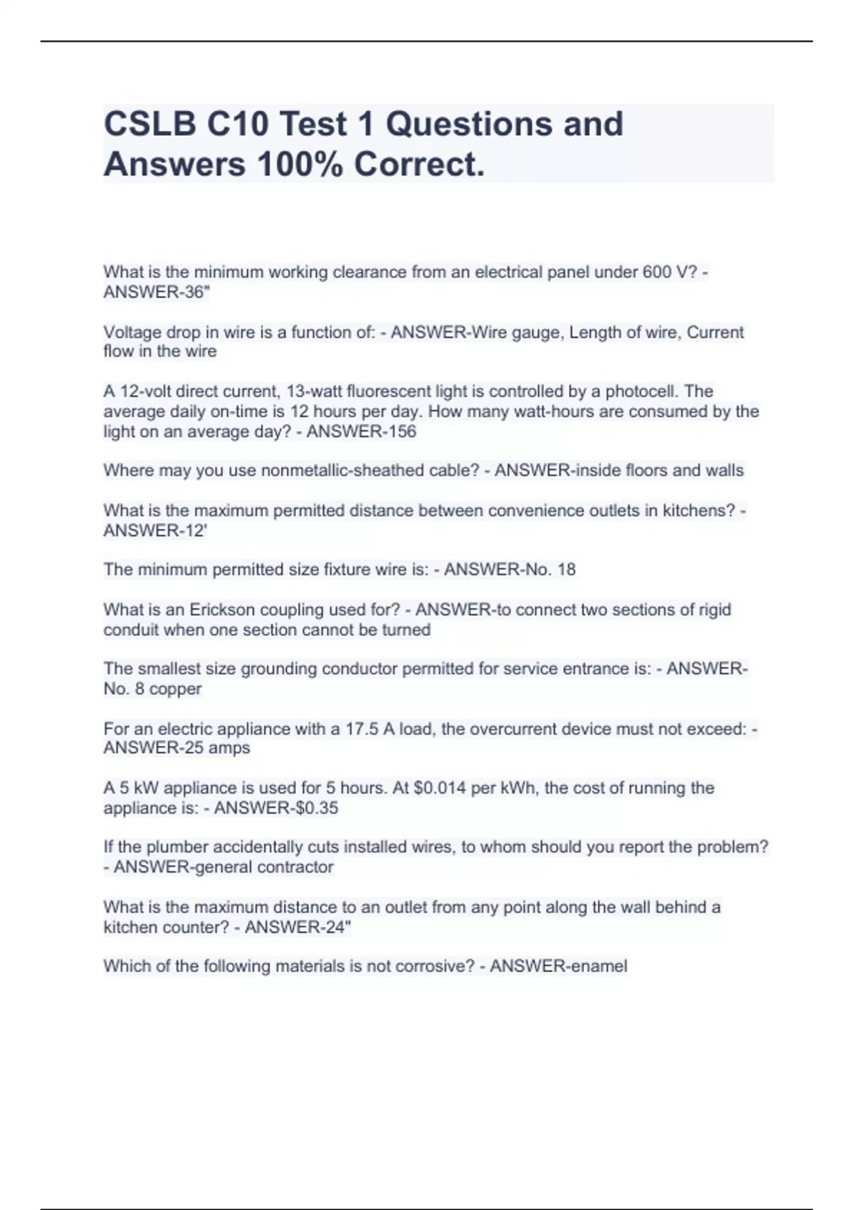 CSLB C10 Test 1 Questions and Answers 100% Correct. - CSLB C10 - Stuvia US