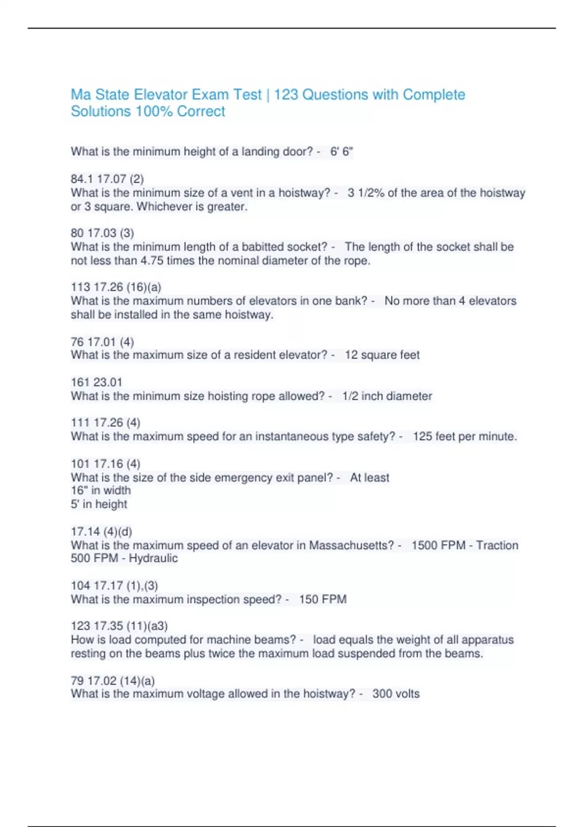 Ma State Elevator Exam Test | 123 Questions with Complete Solutions 100 ...