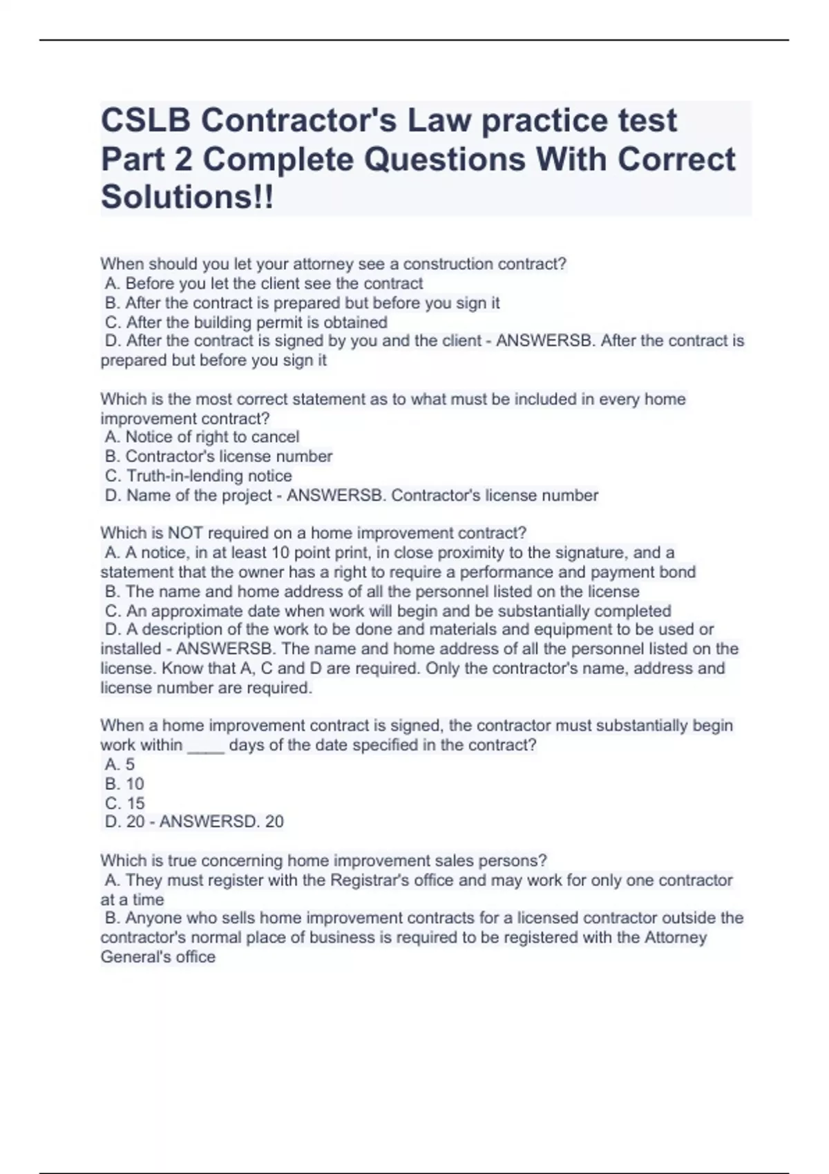 CSLB Contractor's Law practice test Part 2 Complete Questions With ...