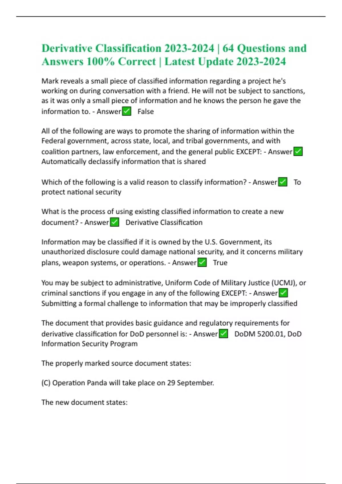 Derivative Classification 64 Questions And Answers 100 Correct Latest Update Derivative