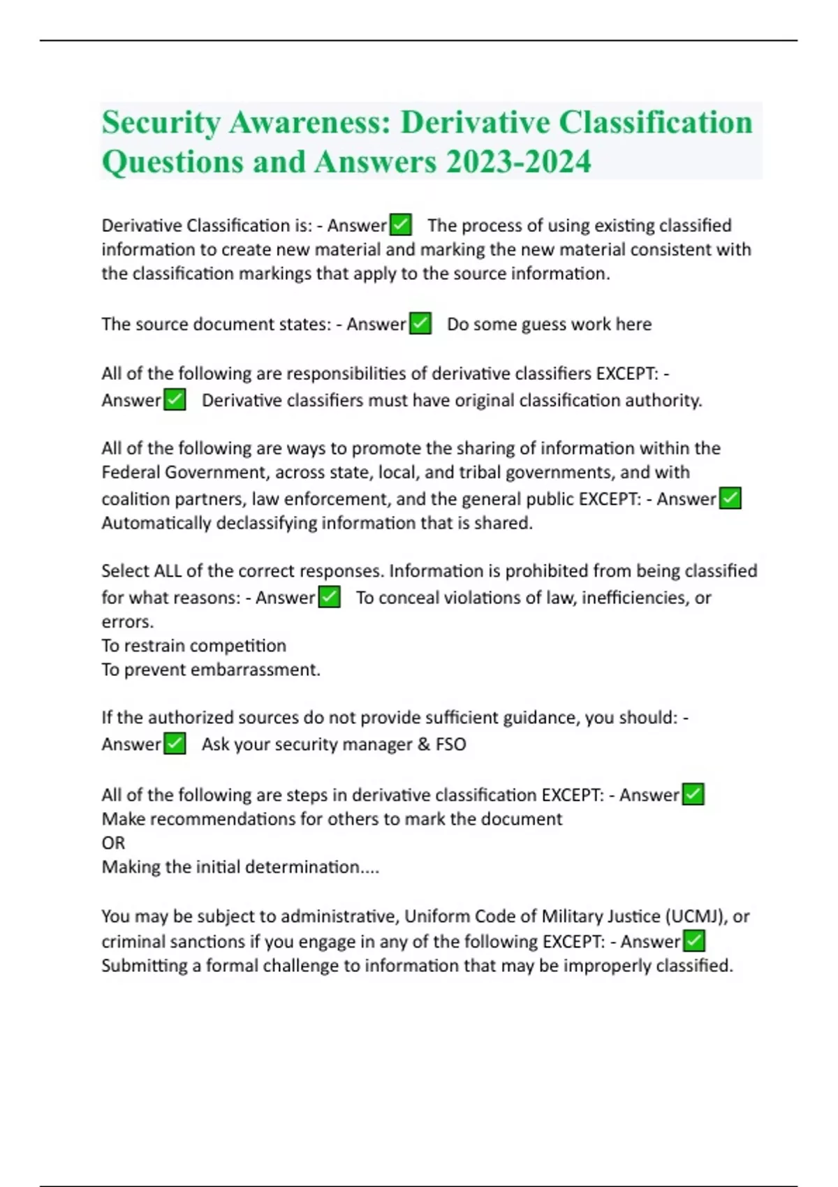 Security Awareness Derivative Classification Questions And Answers Derivative Classification