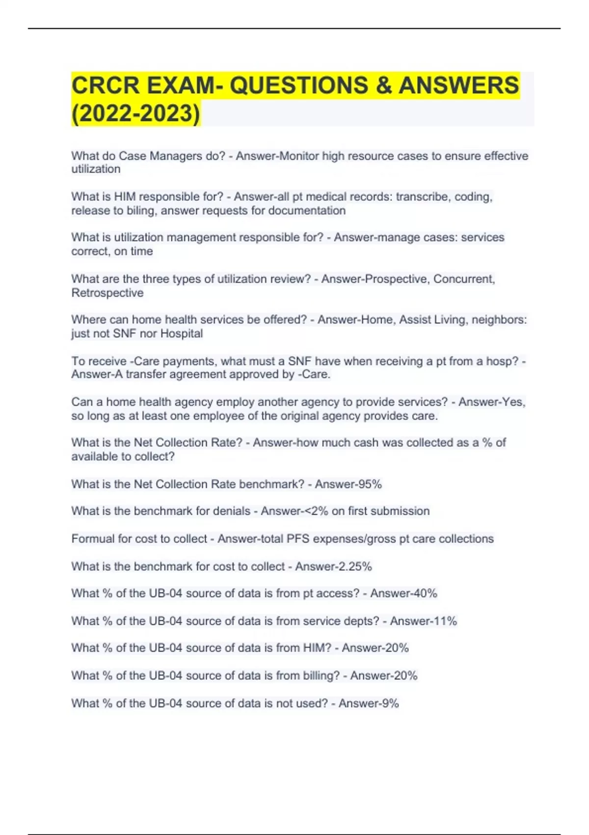 CRCR EXAM- QUESTIONS & ANSWERS () - CRCR - Stuvia US