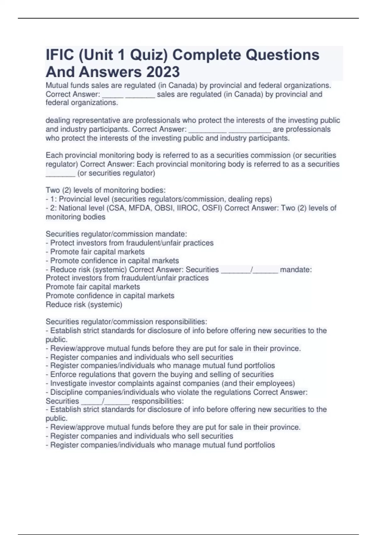 IFIC (Unit 1 Quiz) Complete Questions And Answers 2023 - IFIC - Stuvia US
