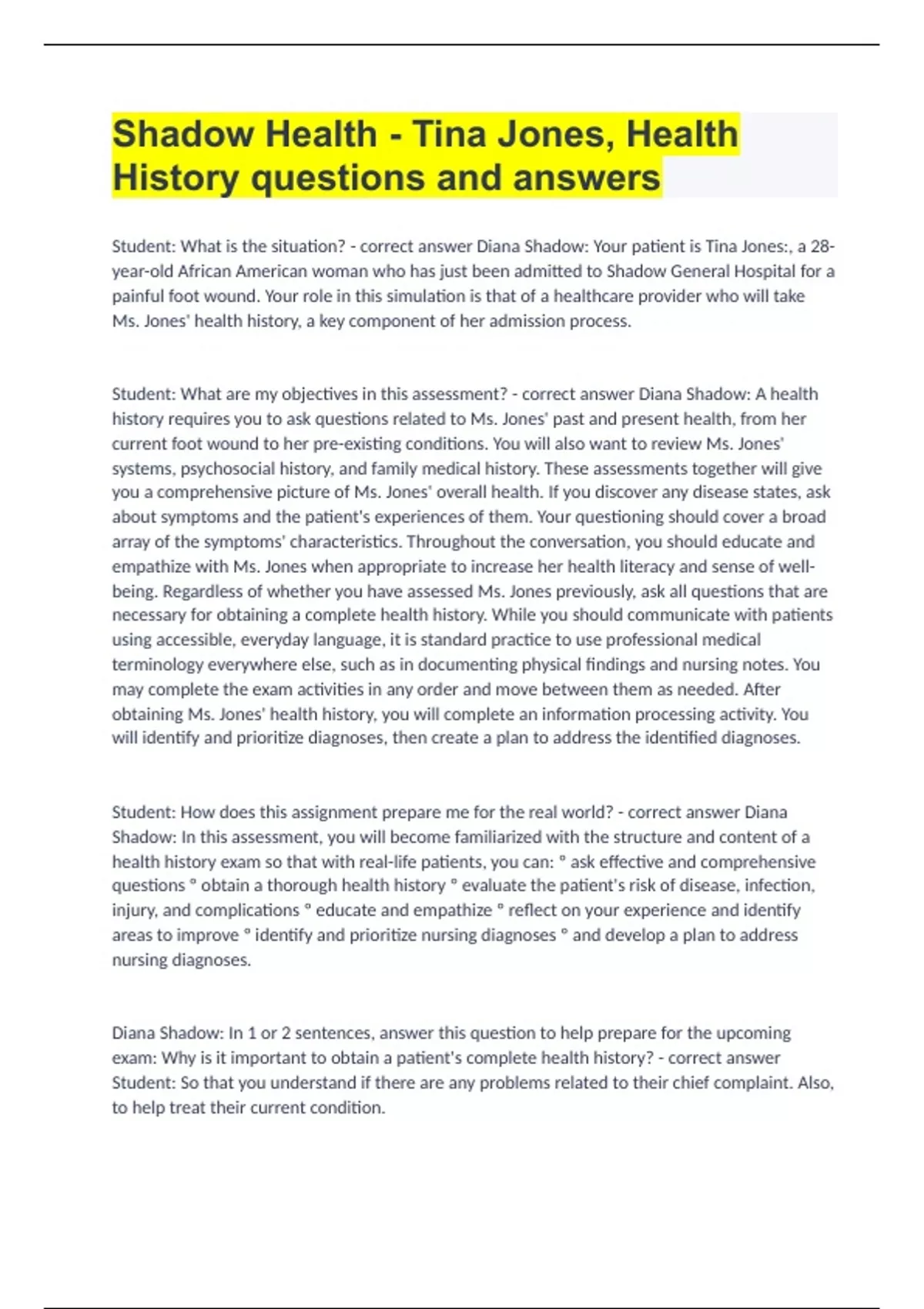 Shadow Health - Tina Jones, Health History questions and answers ...