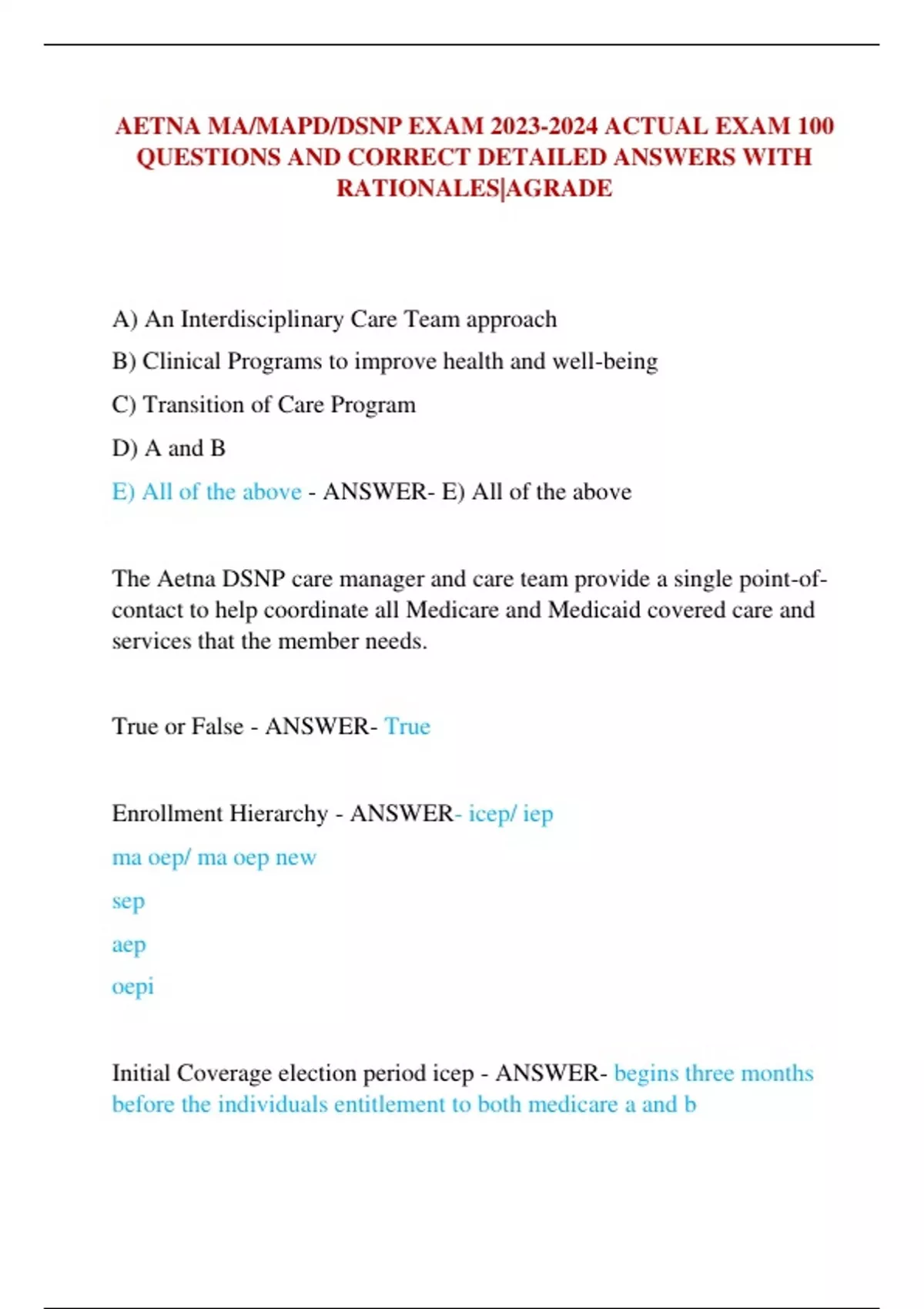 AETNA MA/MAPD/DSNP EXAM ACTUAL EXAM 100 QUESTIONS AND CORRECT DETAILED ...
