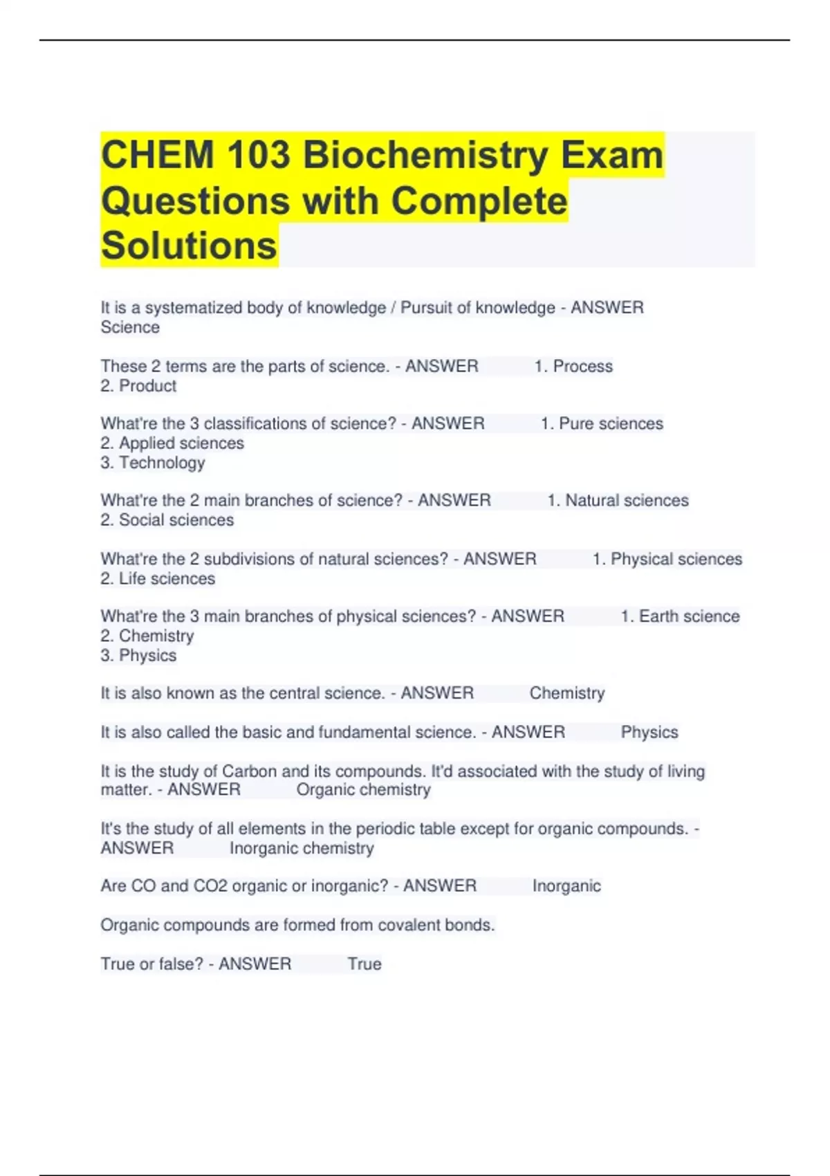 CHEM 103 Biochemistry Exam Questions with Complete Solutions - CHEM 103 ...