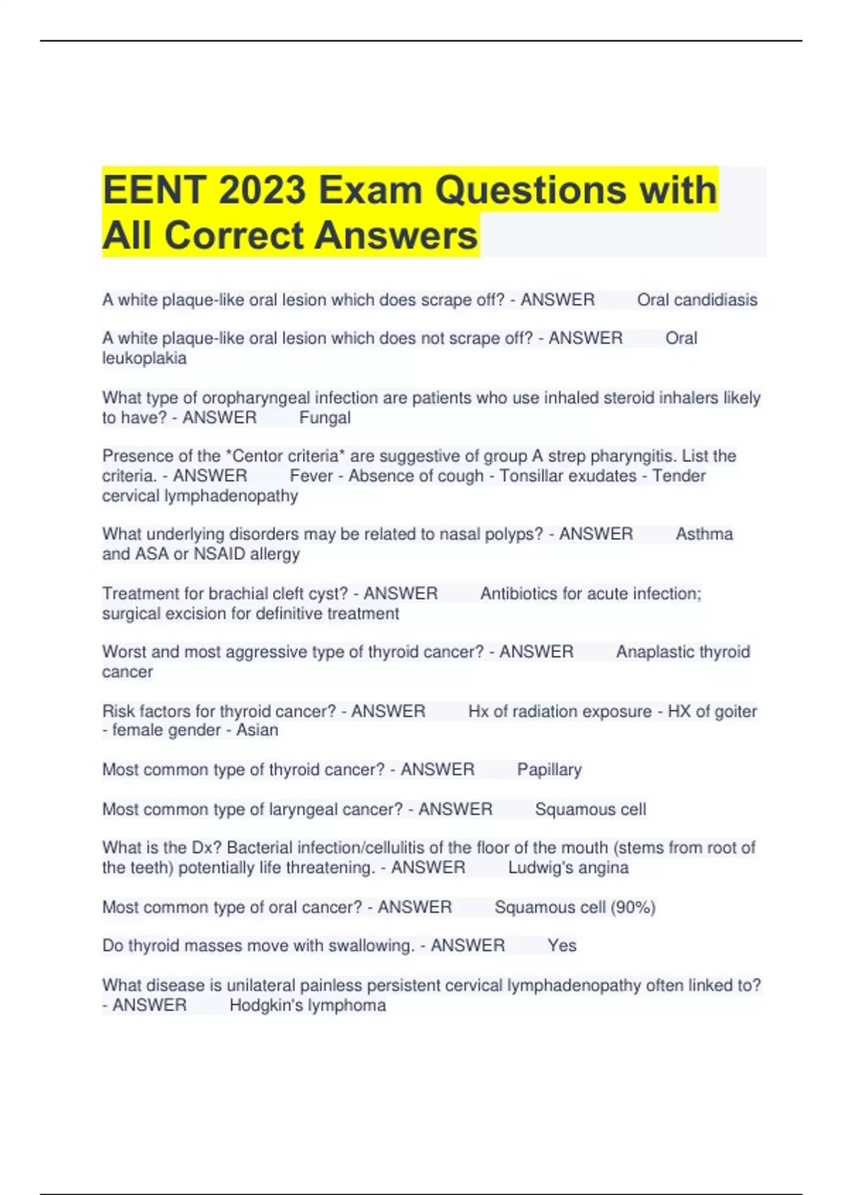 EENT 2023 Exam Questions with All Correct Answers - EENT - Stuvia US