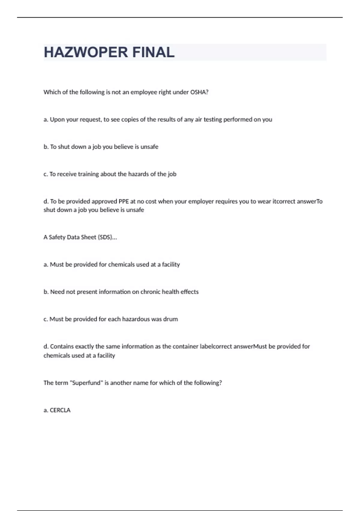 HAZWOPER FINAL EXAM with 100% correct answers - HAZWOPER - Stuvia US