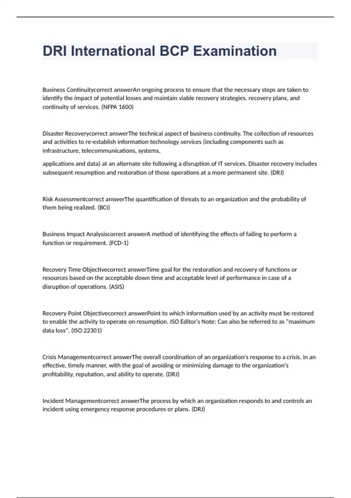 DRI International BCP Examination 2023 with correct answers - DRI ...