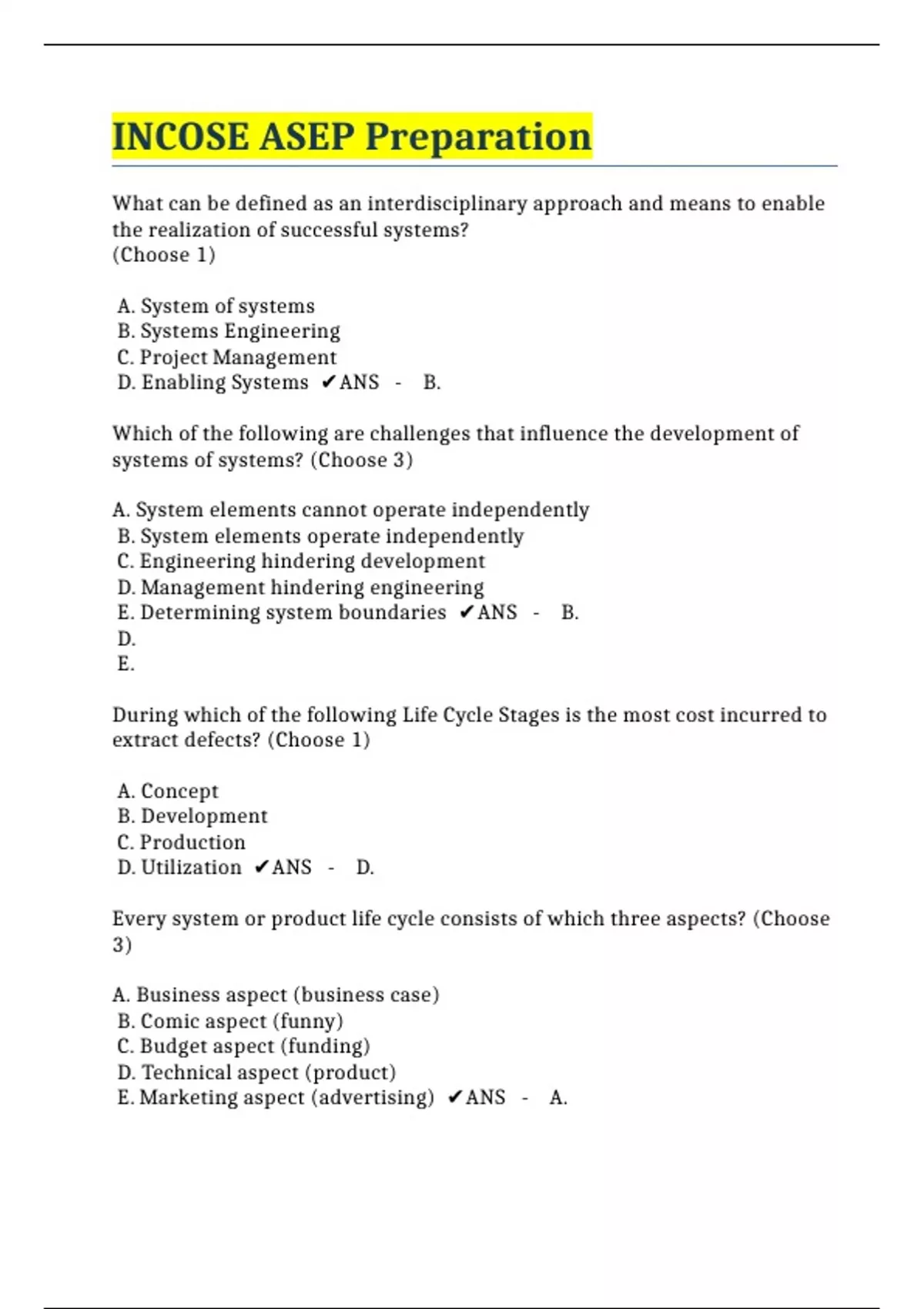 INCOSE ASEP Preparation - INCOSE ASEP - Stuvia US