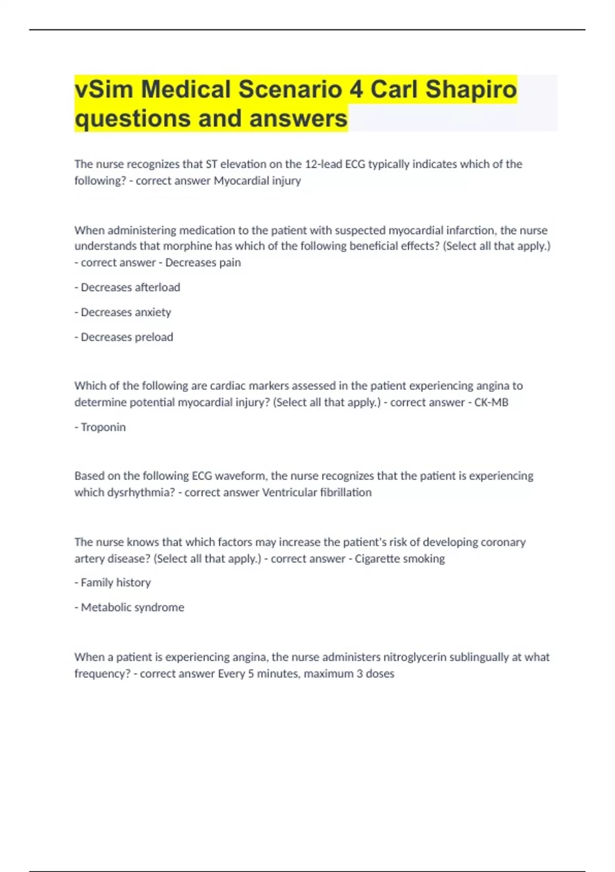 vSim Medical Scenario 4 Carl Shapiro questions and answers - VSIM CARL SHIPARO - Stuvia US