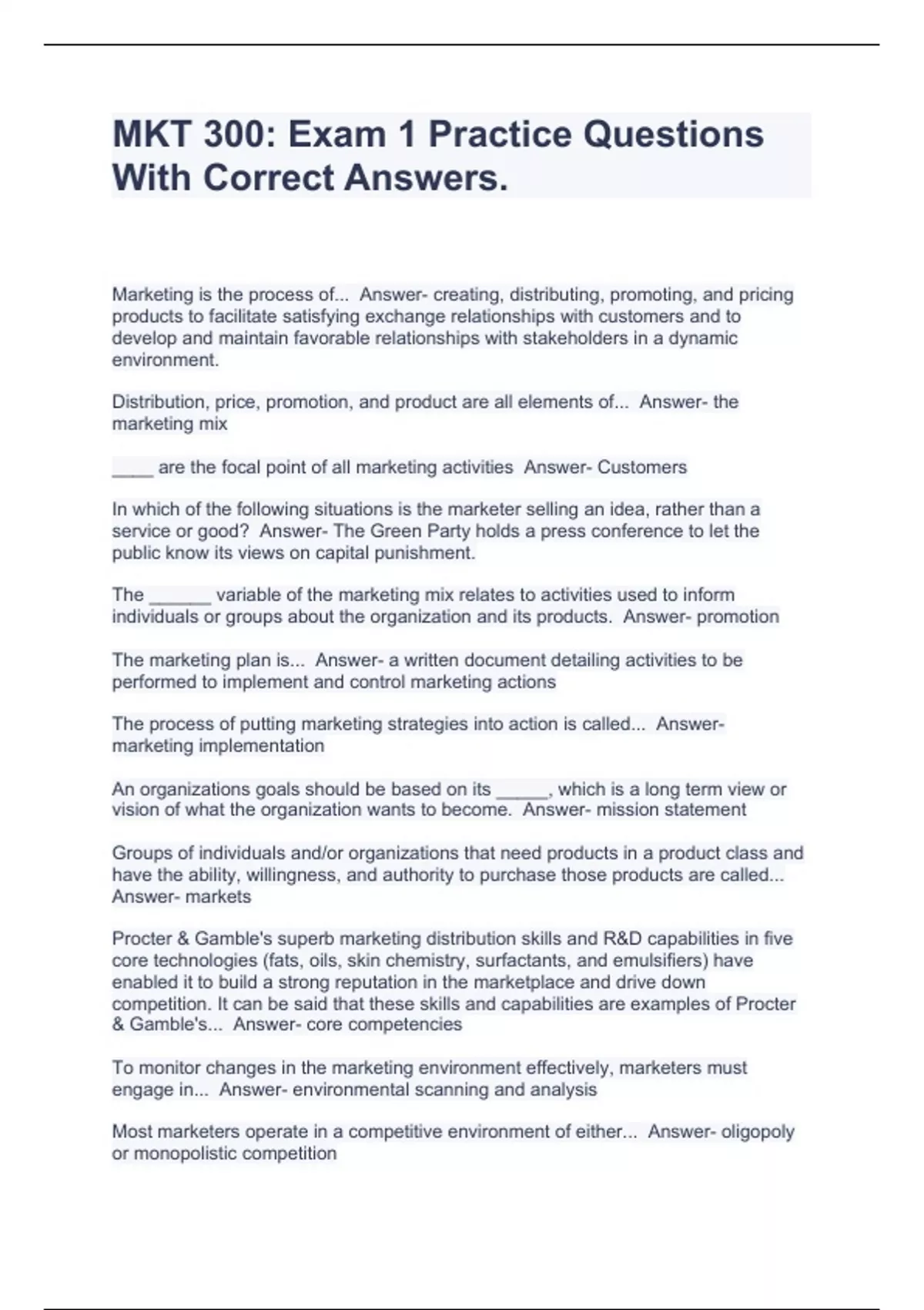 MKT 300: Exam 1 Practice Questions With Correct Answers. - Mkt 300 - Stuvia US