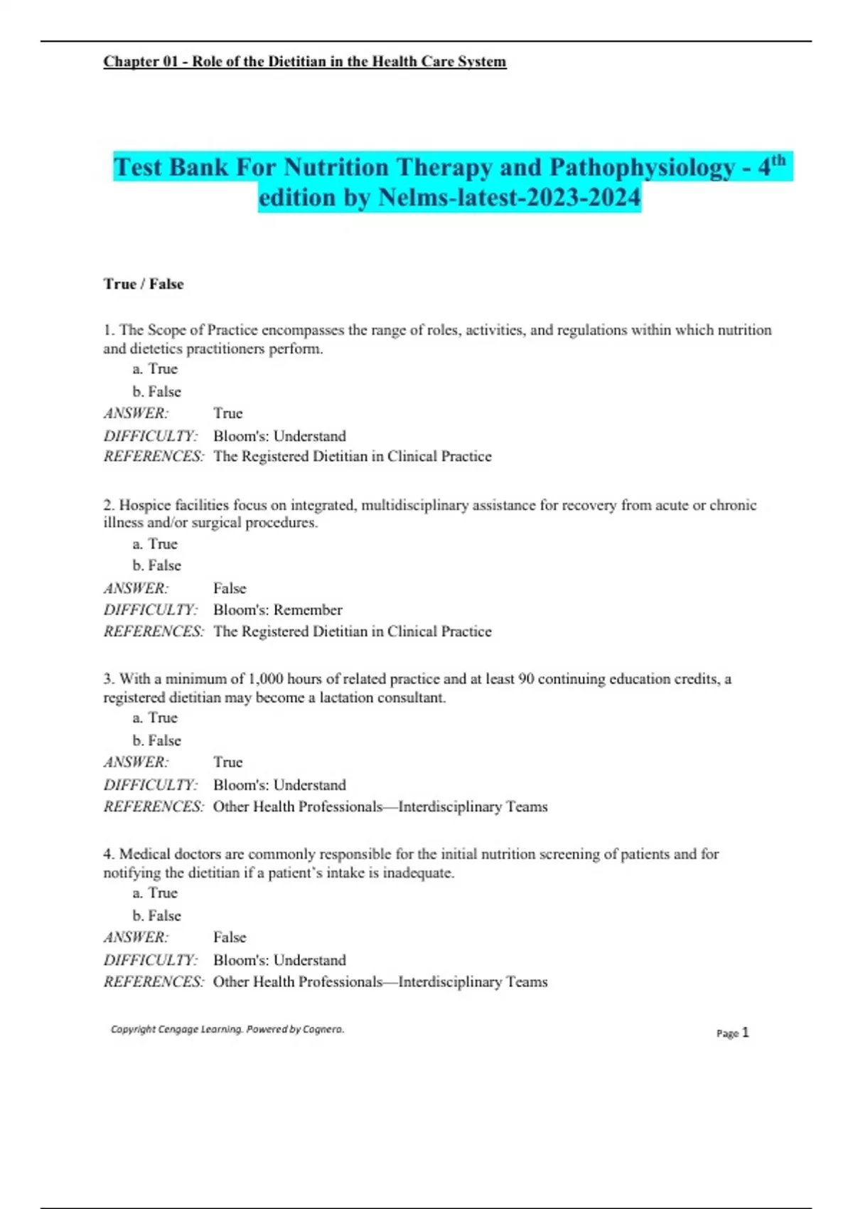 Test Bank For Nutrition Therapy and Pathophysiology - 4th edition by ...