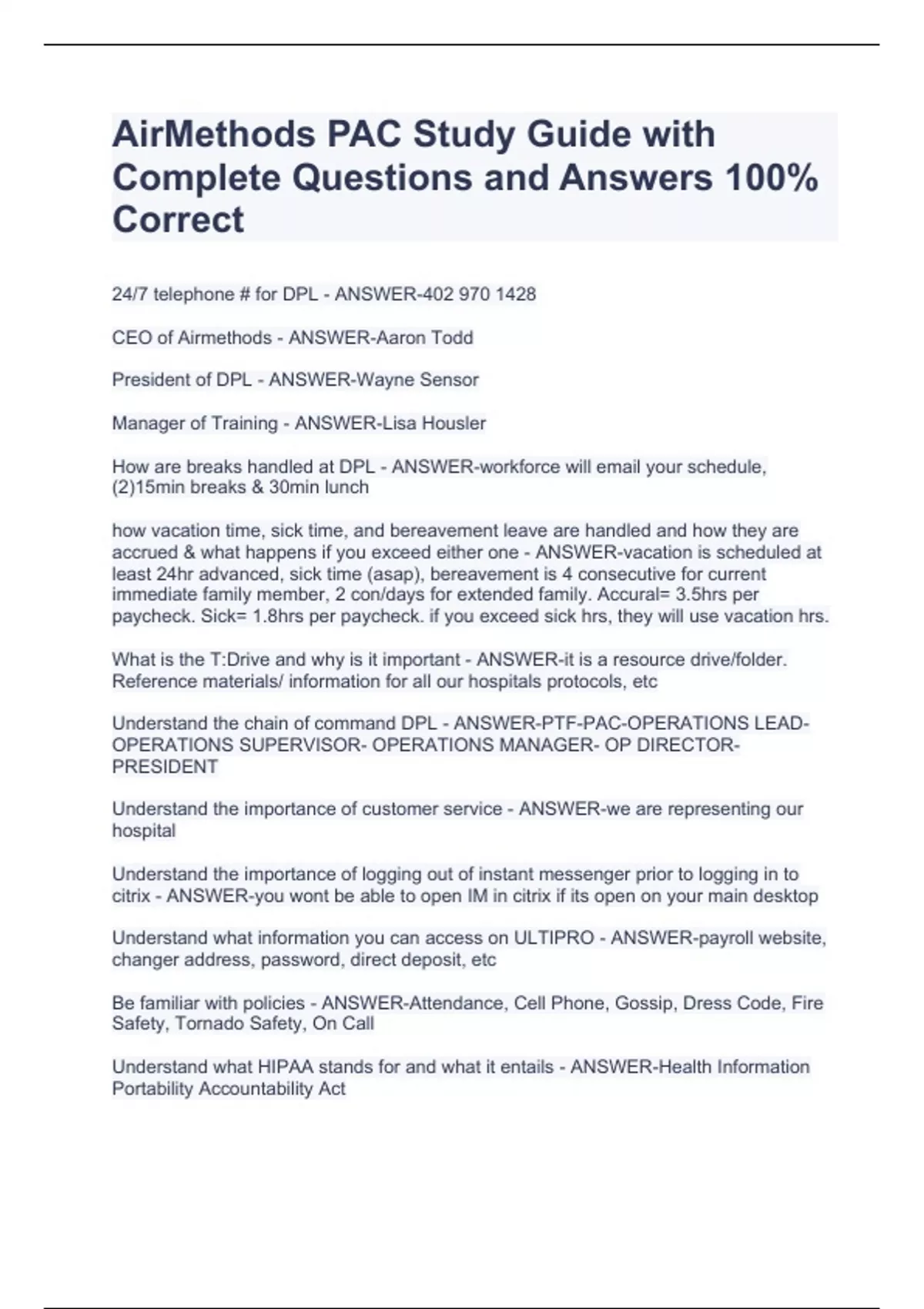 AirMethods PAC Study Guide with Complete Questions and Answers 100% ...