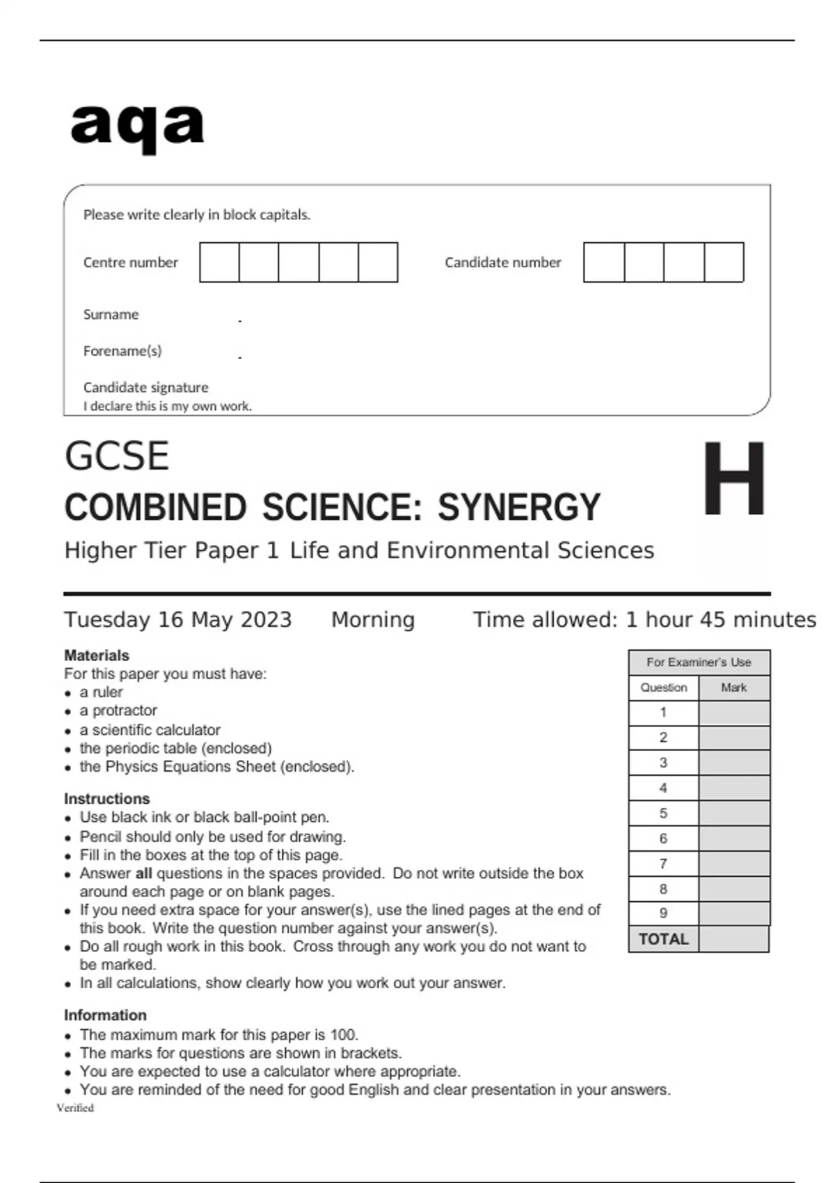 Aqa GCSE Combined Science (Synergy) 8465/1H Question Paper and Mark ...