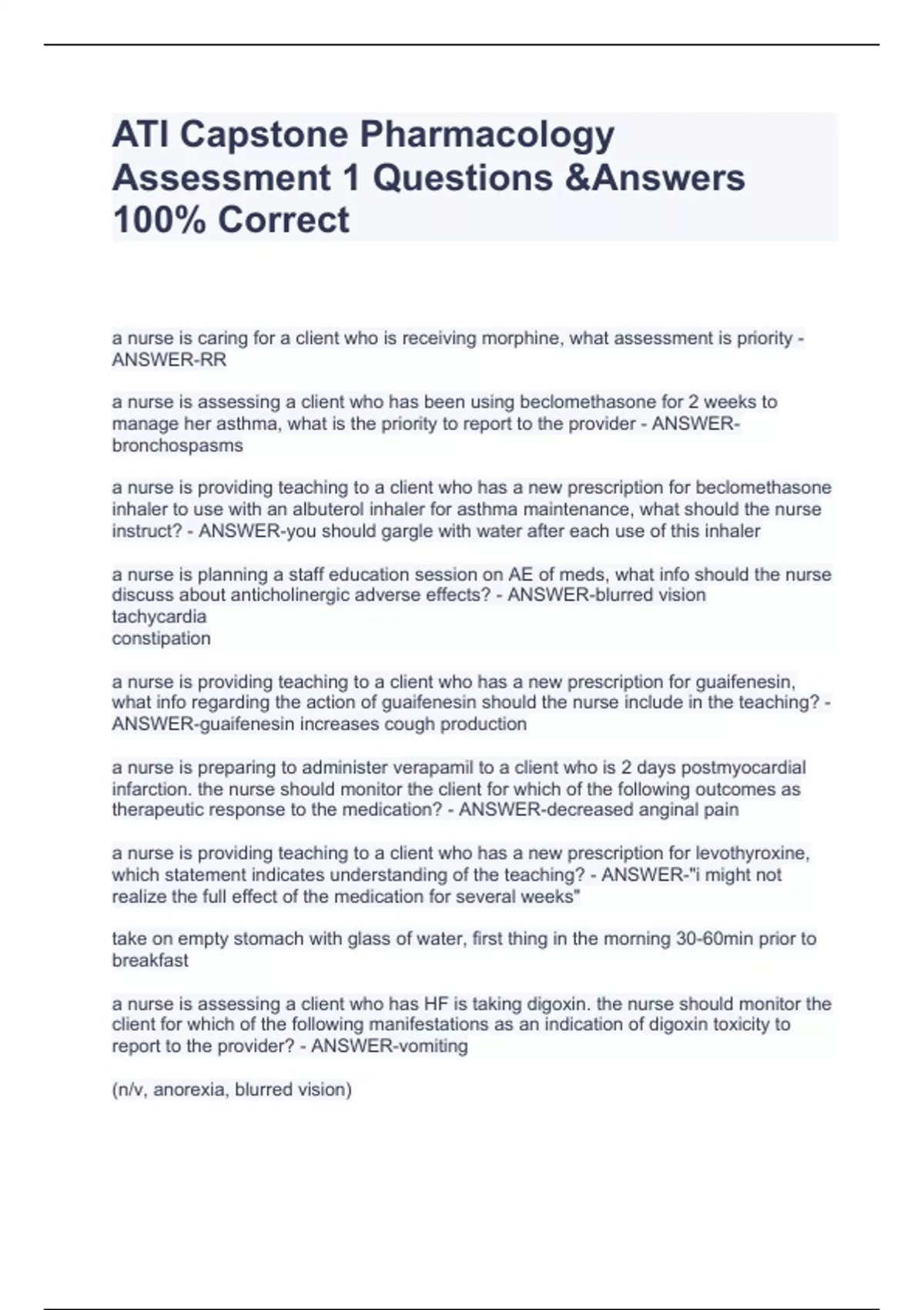 ATI Capstone Pharmacology Assessment 1 Questions &Answers 100% Correct ...