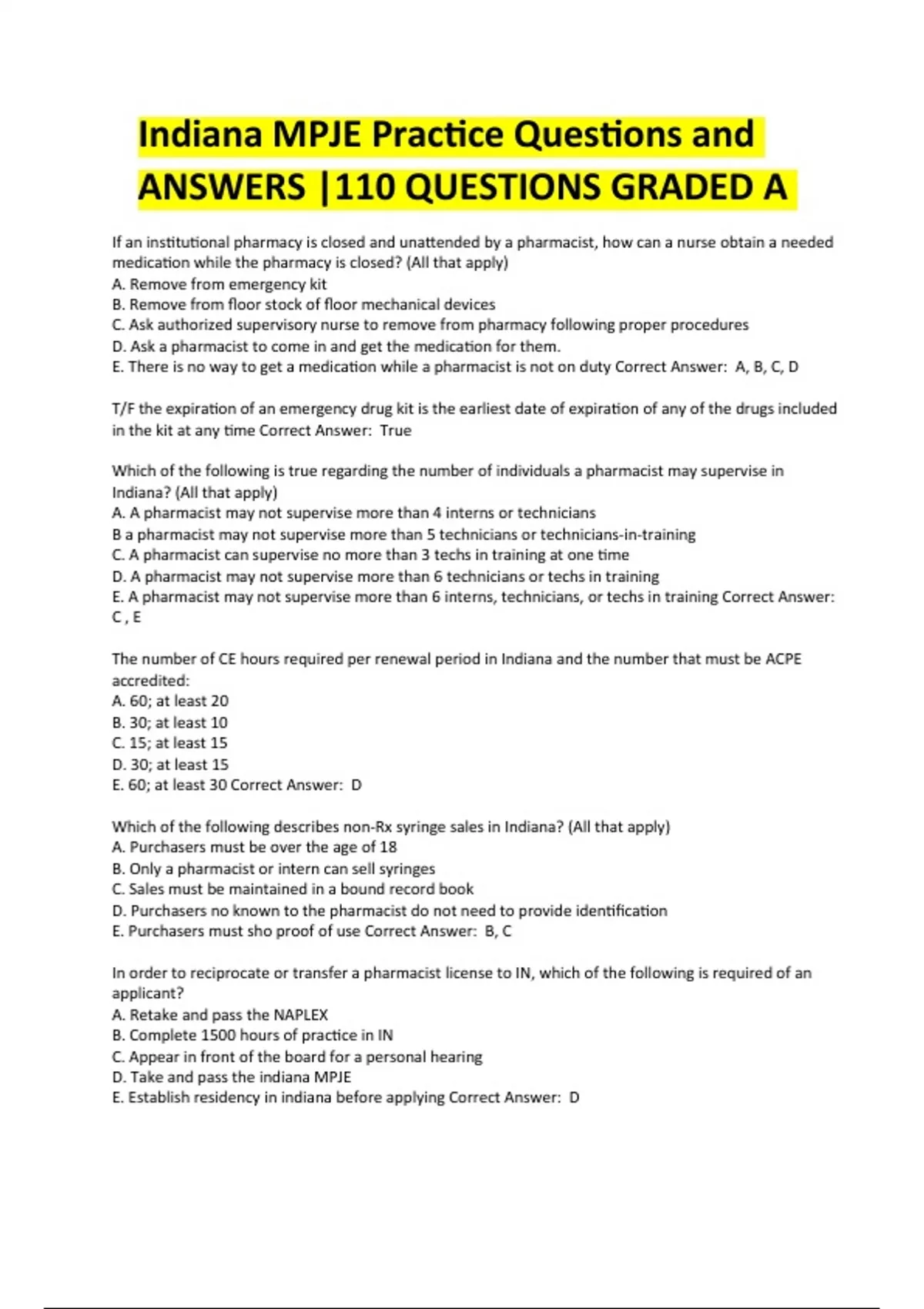Indiana MPJE Final Exam Practice Questions With Correct Answers Latest ...