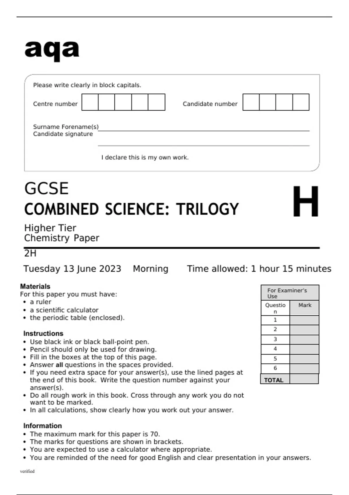 Aqa GCSE Combined Science (Trilogy) 8464/C/2H Question Paper June2023 ...