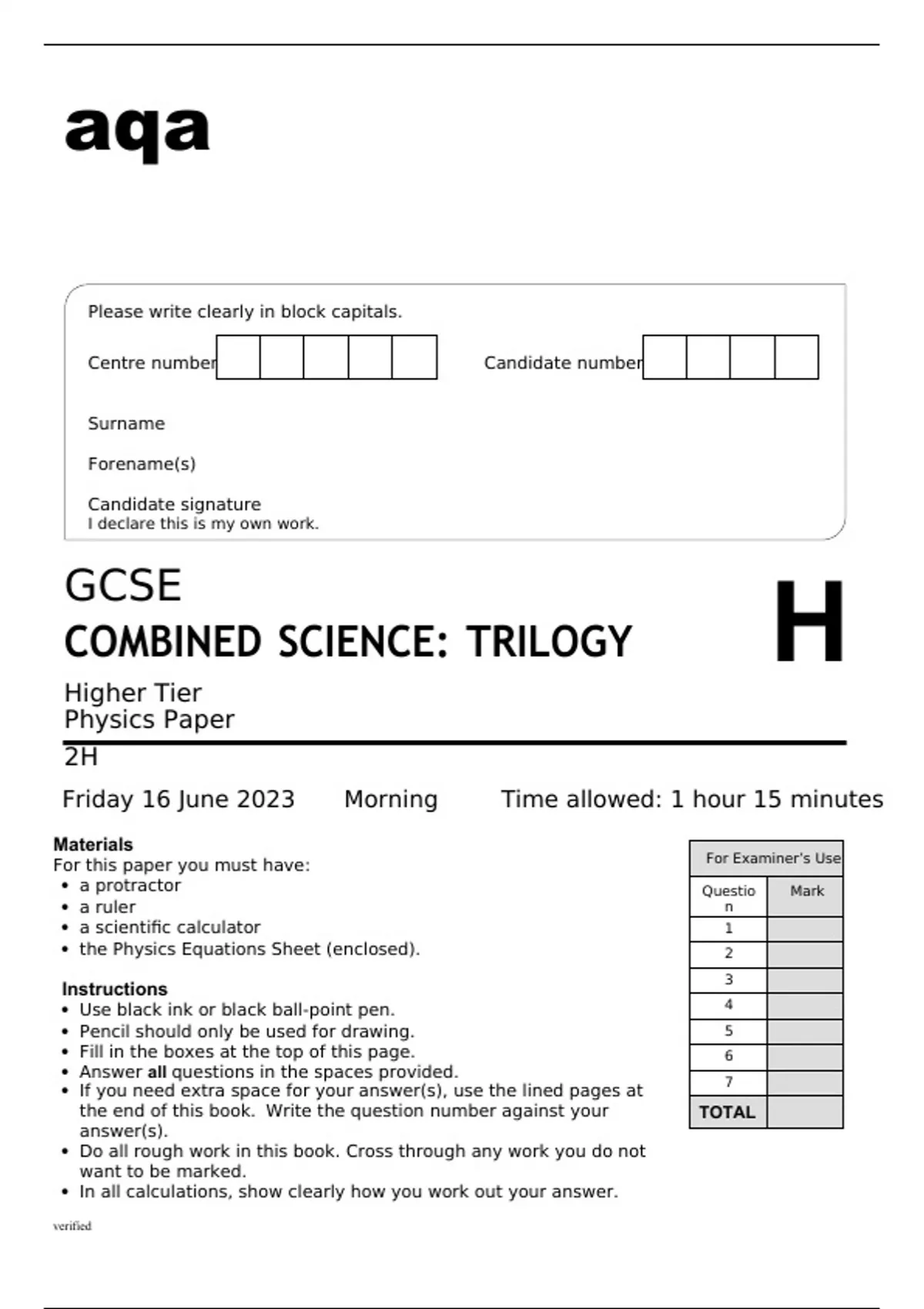 Aqa GCSE Combined Science (Trilogy) 8464/P/2H Question Paper June2023 ...