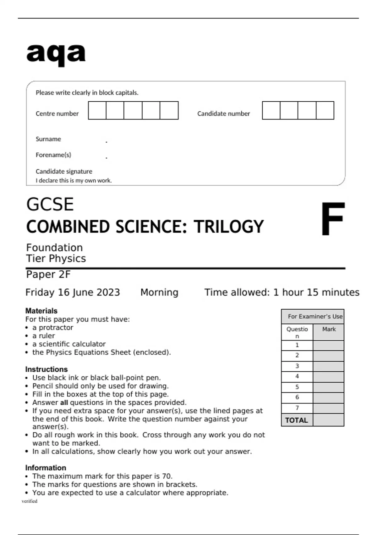 Aqa GCSE Combined Science (Trilogy) 8464/P/2F Question Paper and Mark ...