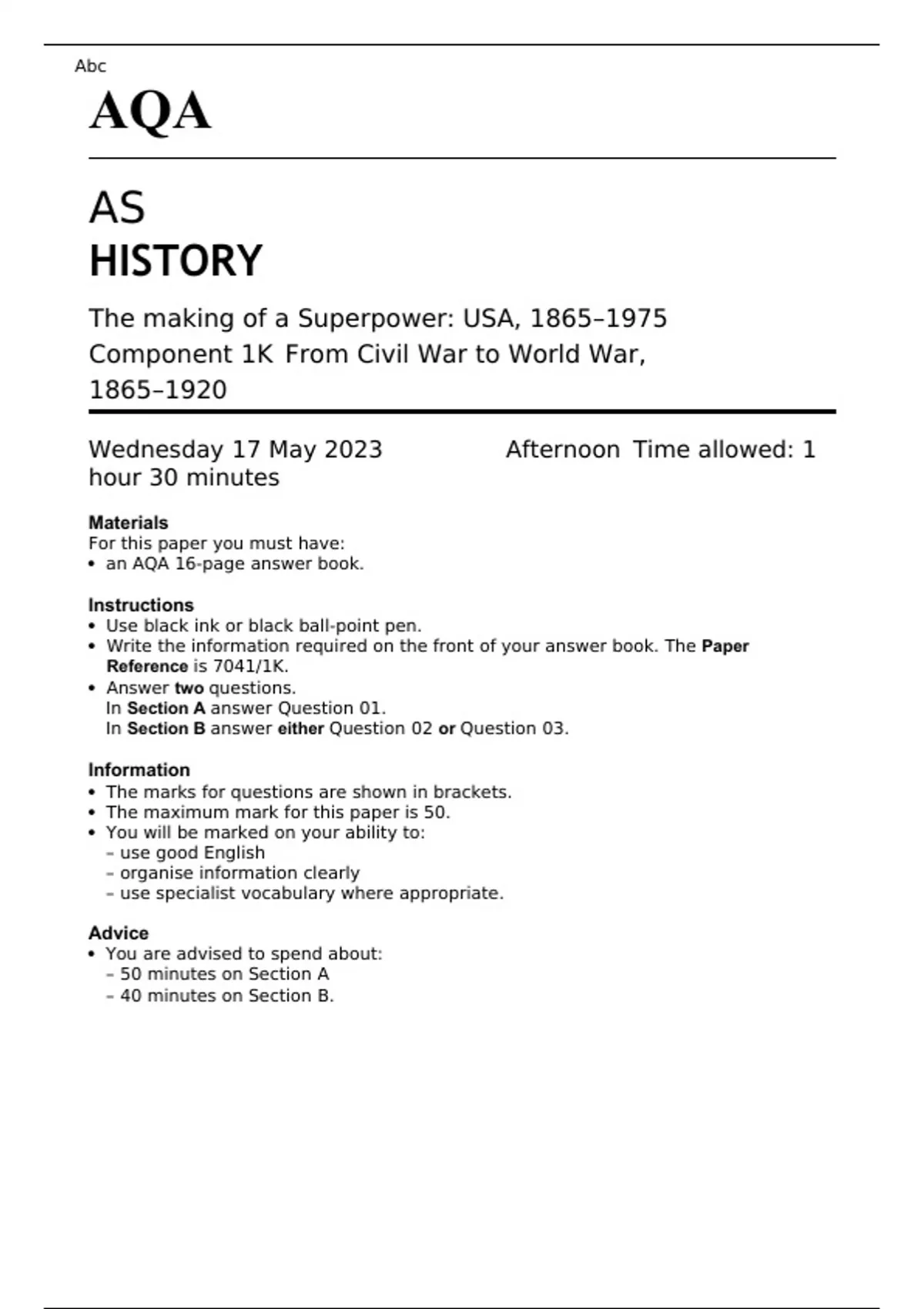AQA AS HISTORY The making of a Superpower: USA, 1865–1975 Component 1K ...