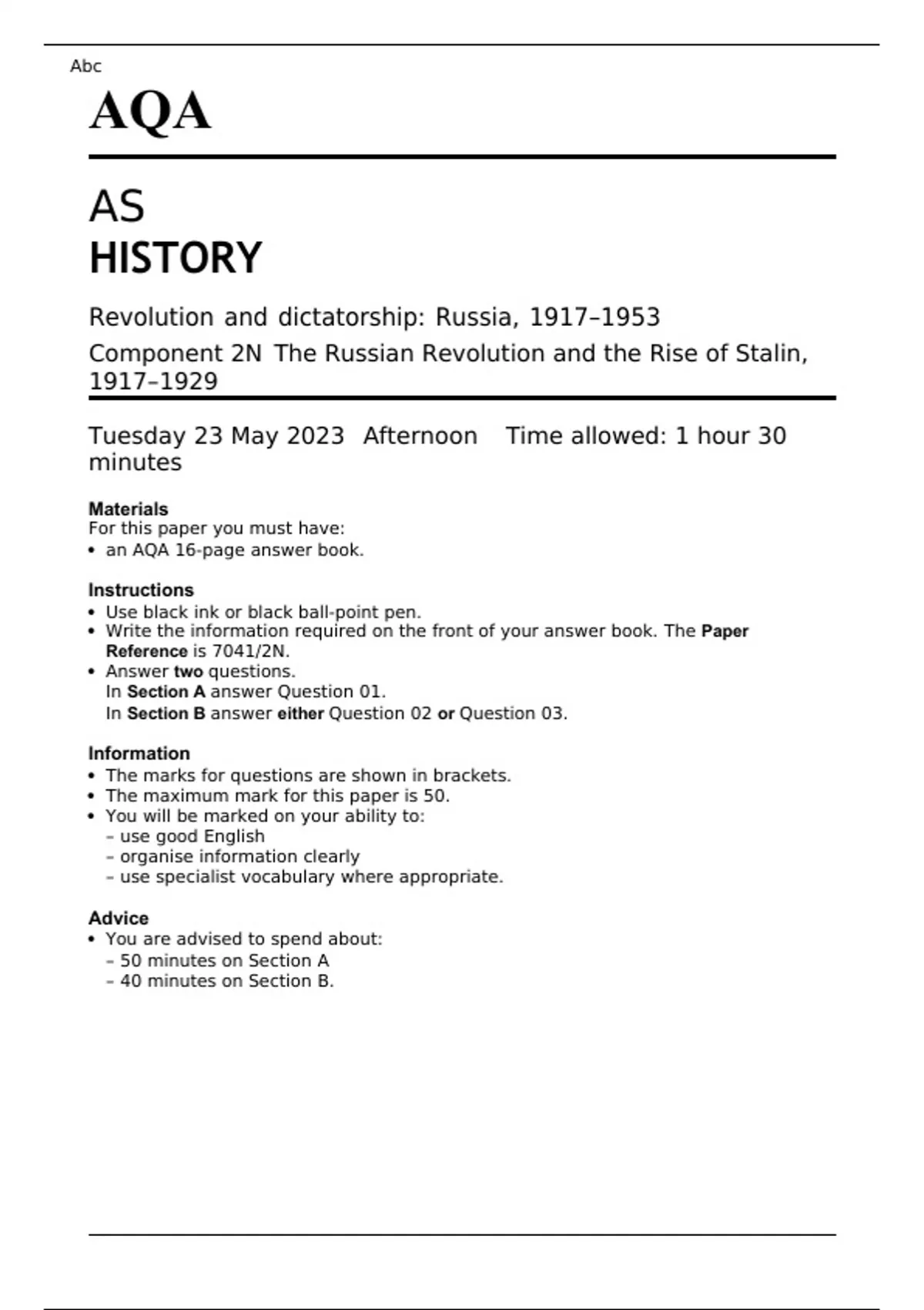 AQA AS HISTORY Revolution and dictatorship: Russia, 1917–1953 Component 2N JUNE 2023 QUESTION ...