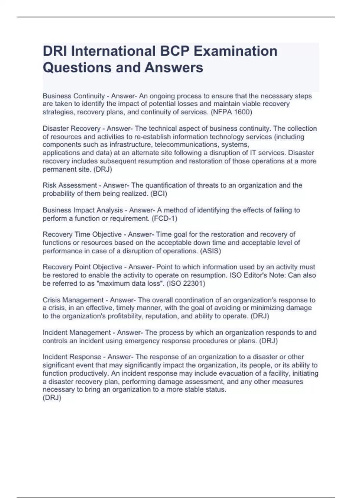 DRI International BCP Examination Questions and Answers - DRI ...