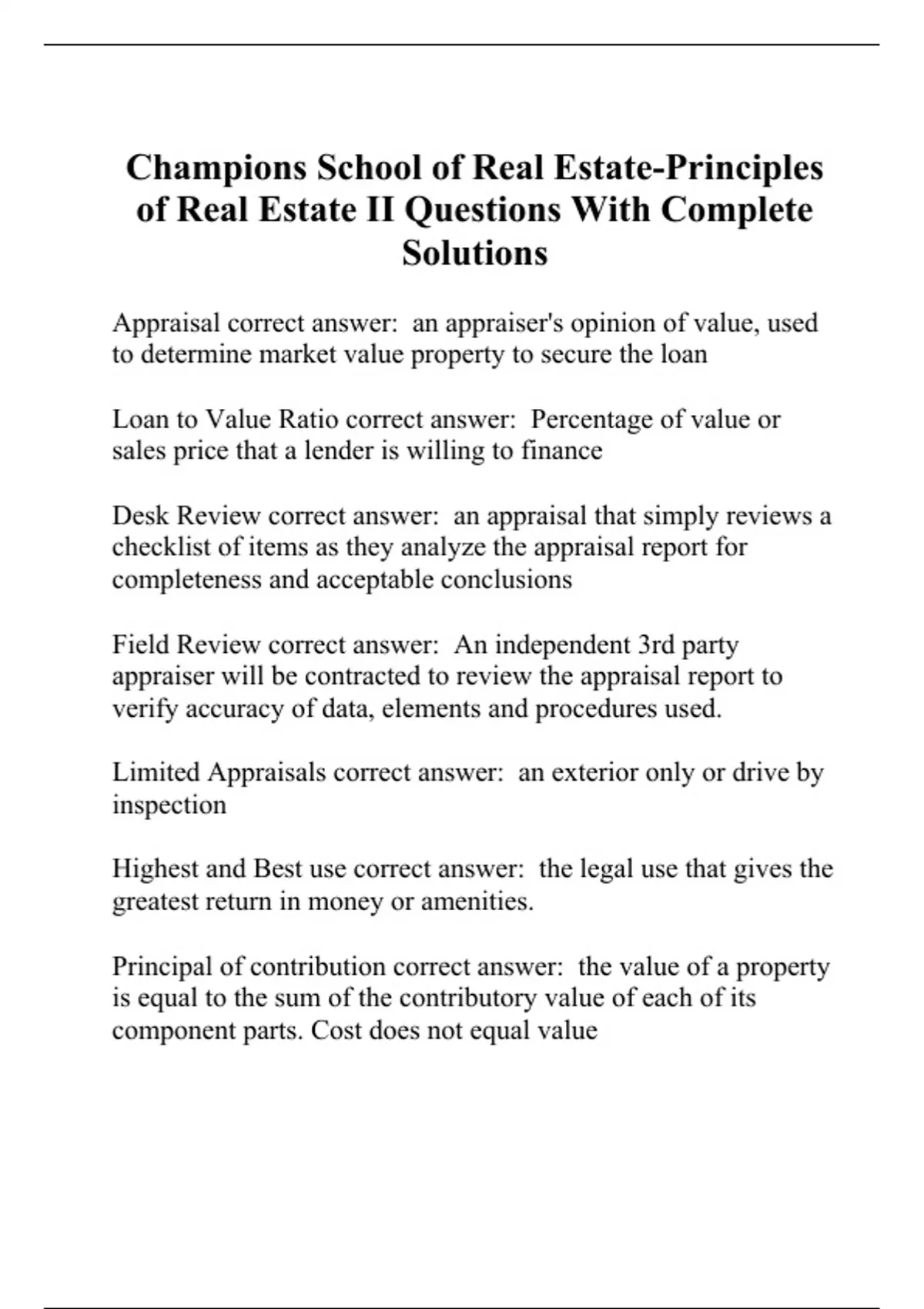 Champions School of Real Estate-Principles of Real Estate II Questions ...