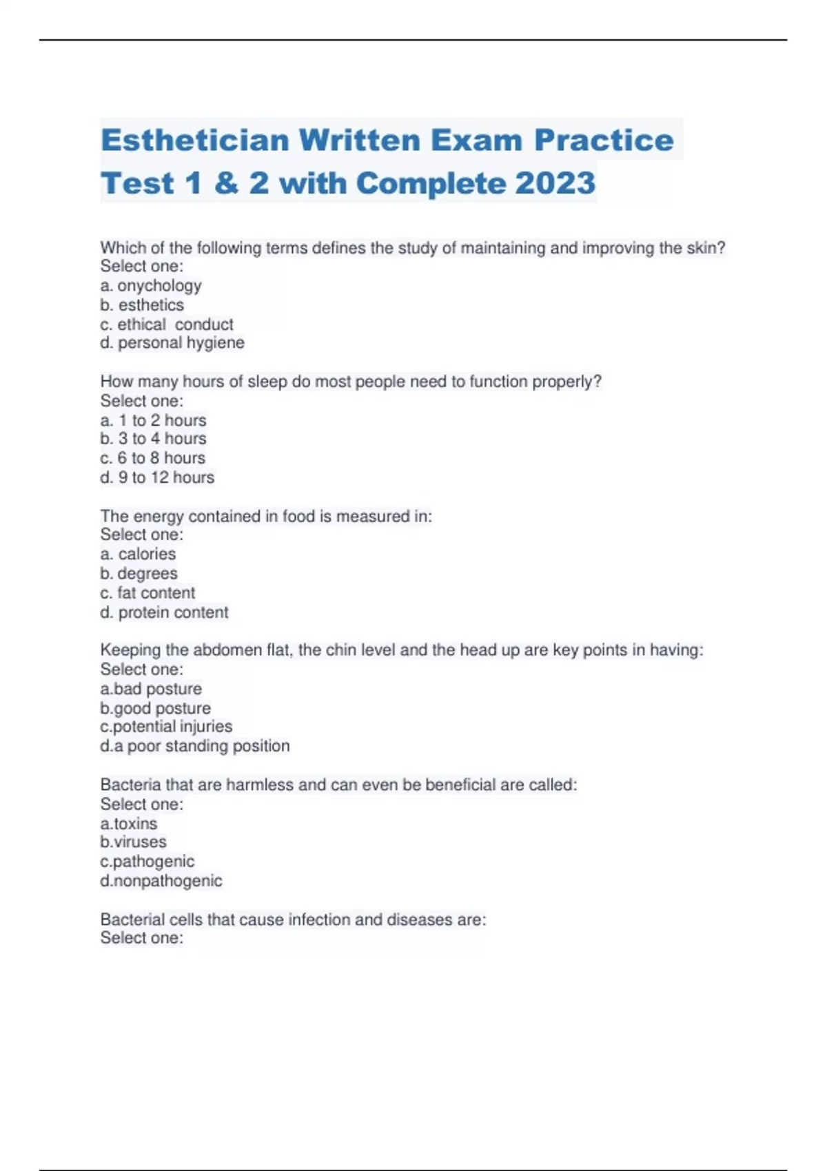 Esthetician Written Exam Practice Test 1 & 2 with Complete 2023 ...