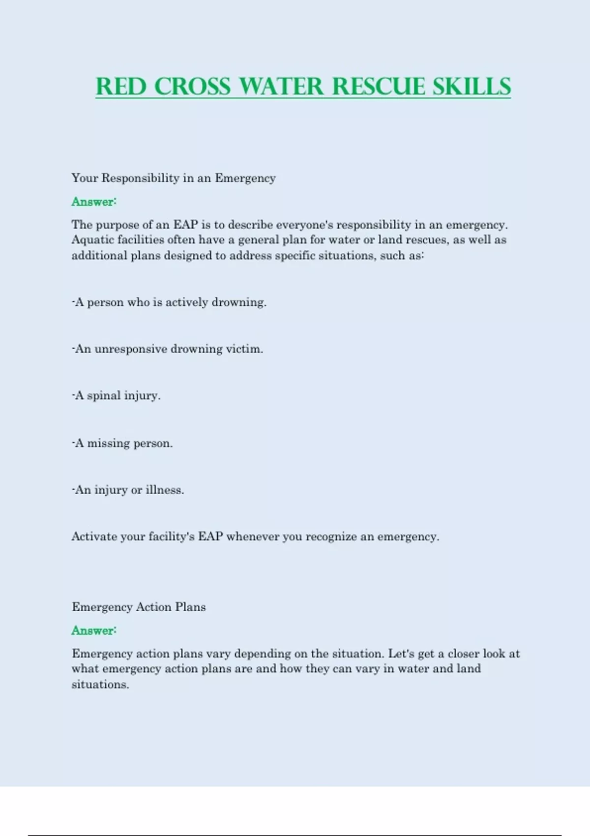 Red Cross Water Rescue Skills Exam Study Guide Notes - Latest 2023 / ...