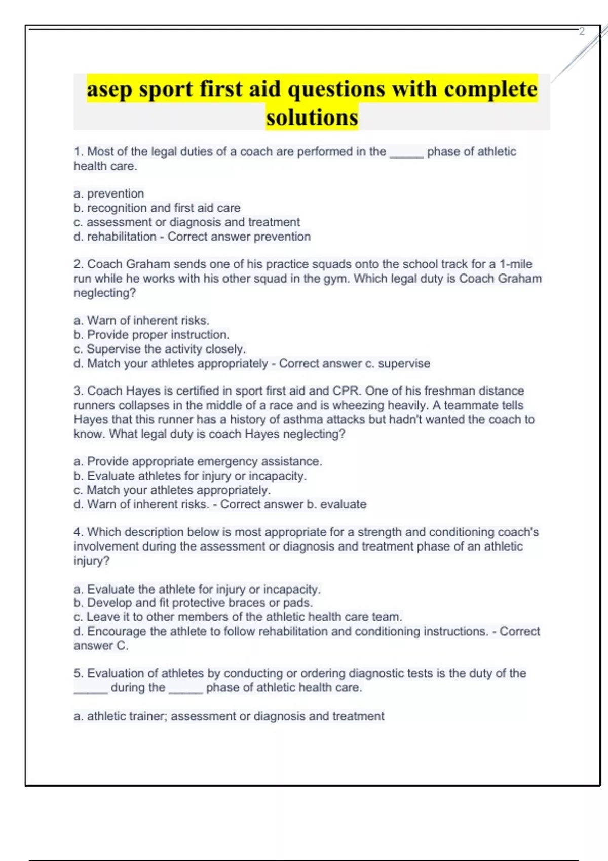 asep sport first aid questions with complete solutions - Asep sport first aid - Stuvia US