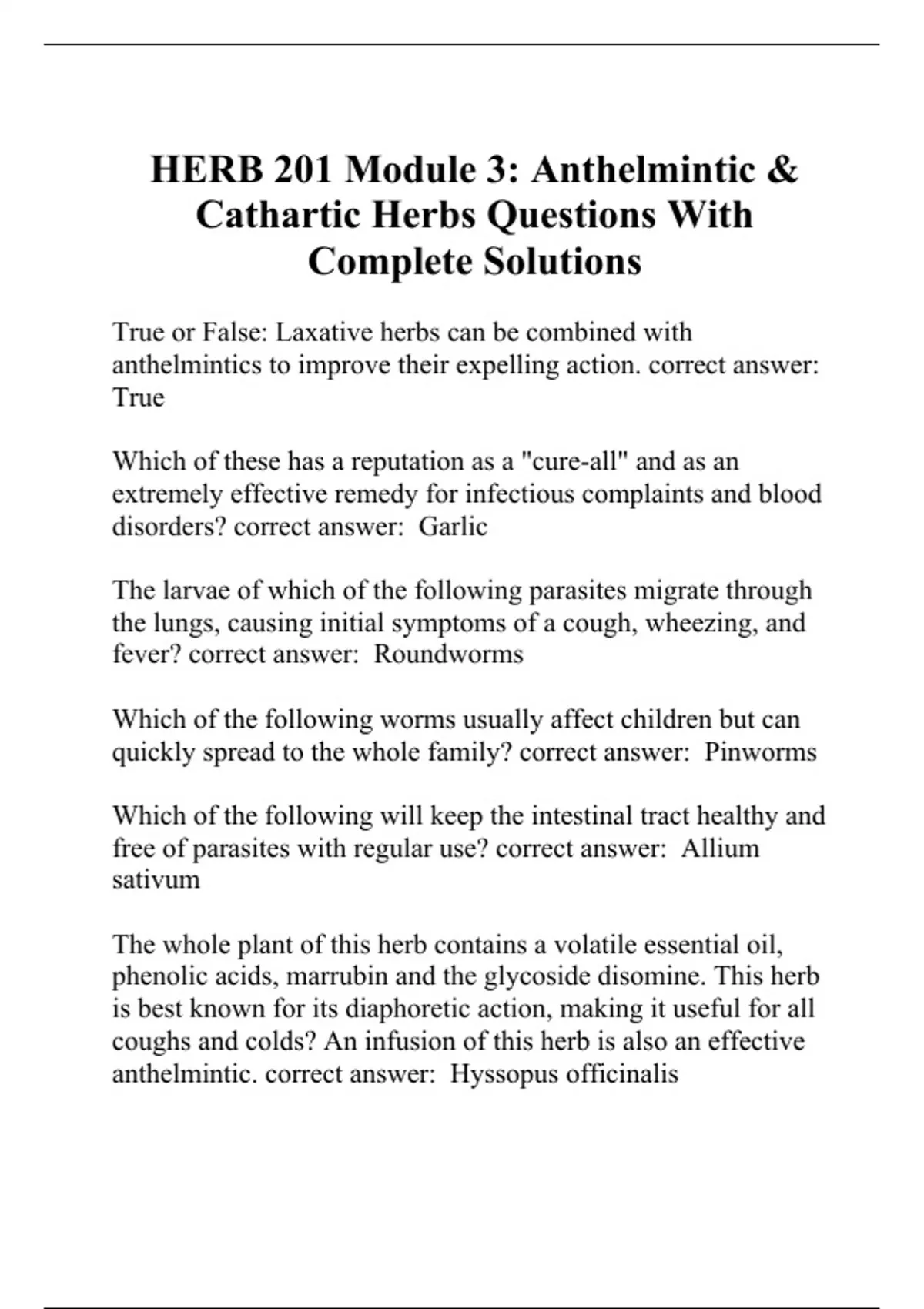 HERB 201 Module 3: Anthelmintic & Cathartic Herbs Questions With ...