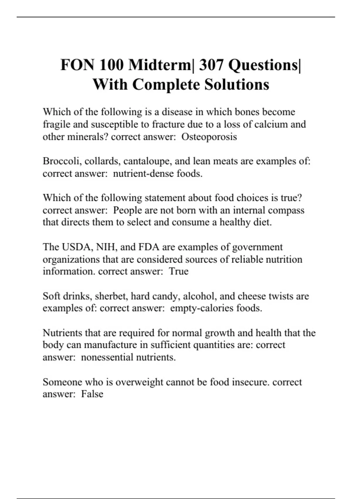 FON 100 Midterm| 307 Questions| With Complete Solutions - NUTR 100 ...