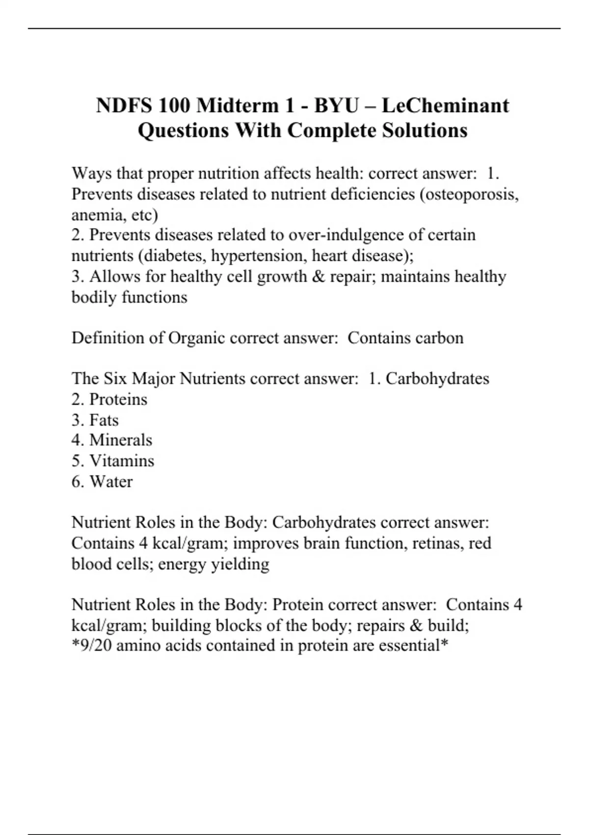 NDFS 100 Midterm 1 - BYU – LeCheminant Questions With Complete ...