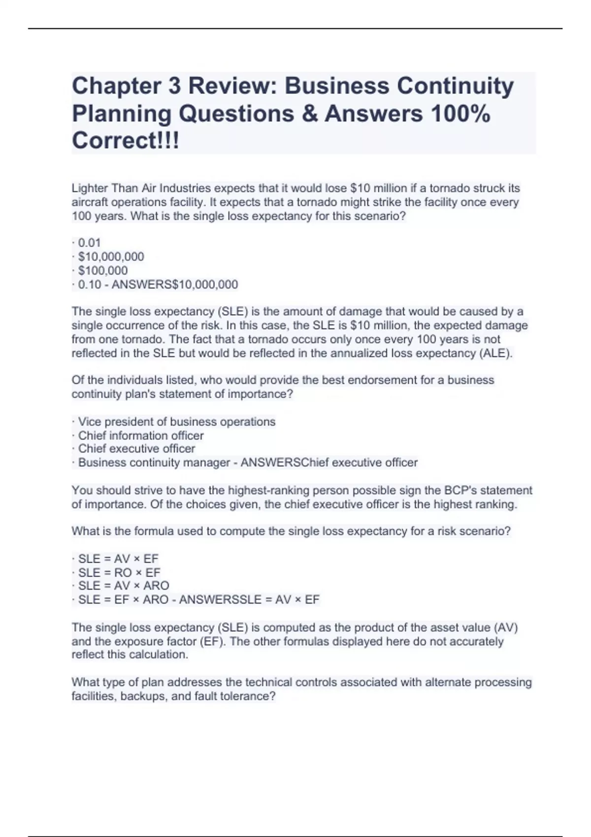 Chapter 3 Review: Business Continuity Planning Questions & Answers 100% ...