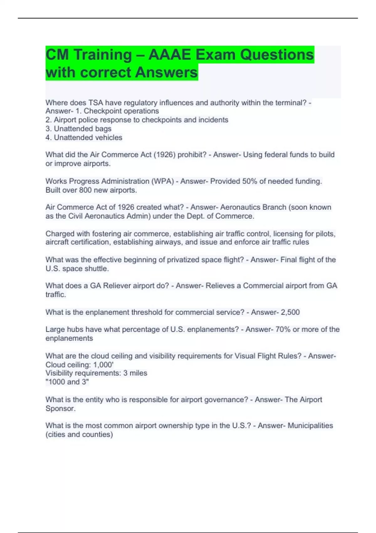 CM Training – AAAE Exam Questions with correct Answers - CM Training ...