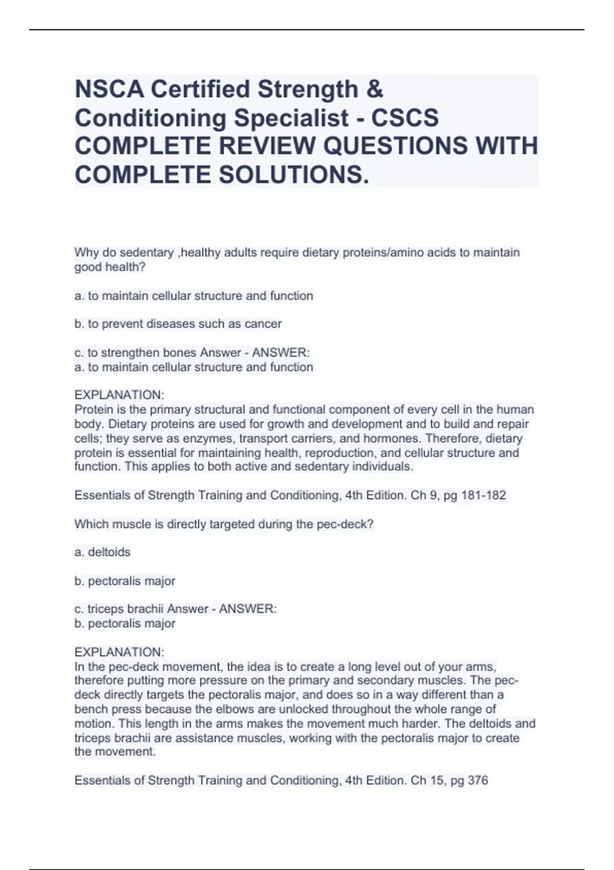 NSCA Certified Strength & Conditioning Specialist - CSCS COMPLETE REVIEW QUESTIONS WITH COMPLETE ...