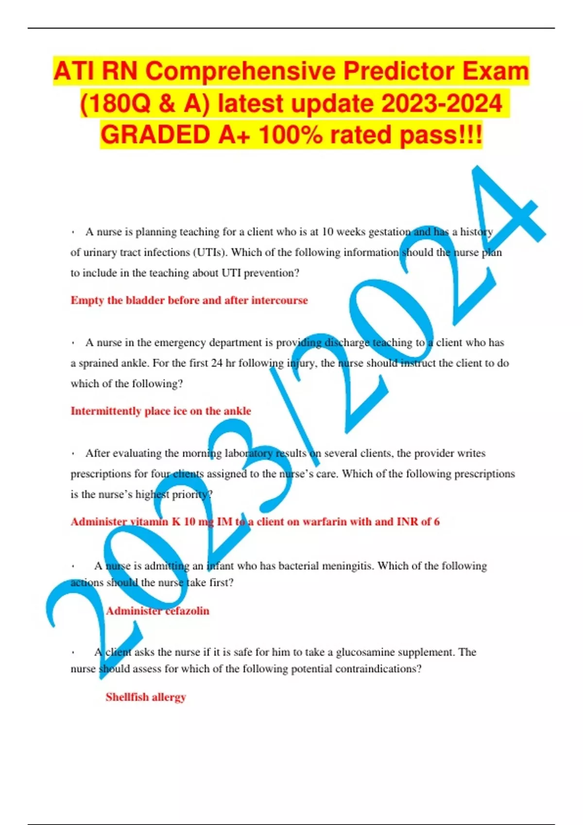 ATI RN Comprehensive Predictor Exam (180Q & A) latest update GRADED A+ ...