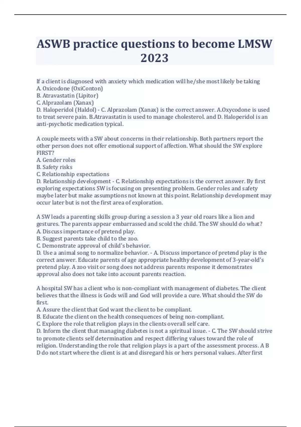 ASWB practice questions to become LMSW 2023 - ASWB - Stuvia NL