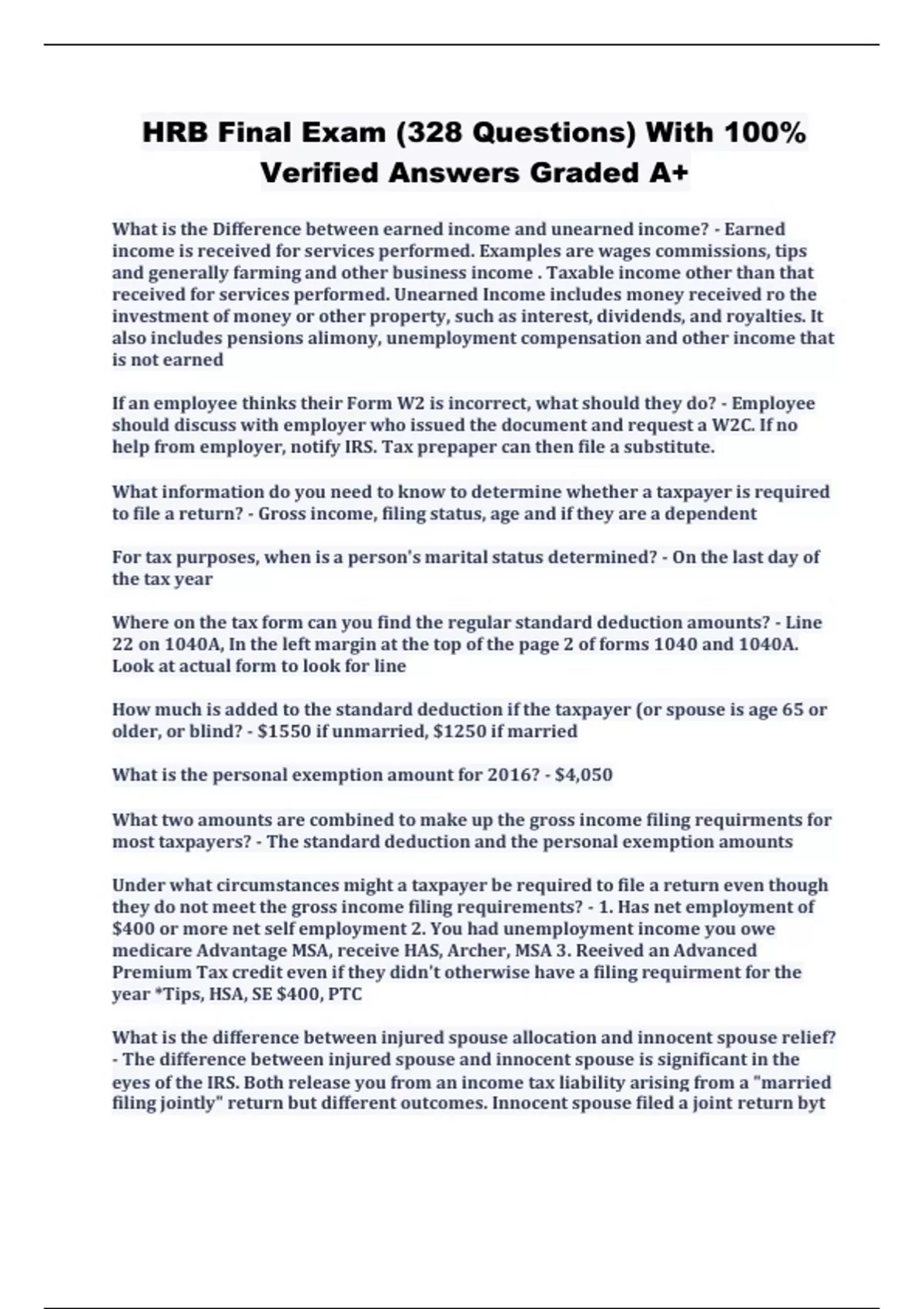 HRB Bundled Exams (Latest ) 100% Correct - Stuvia US