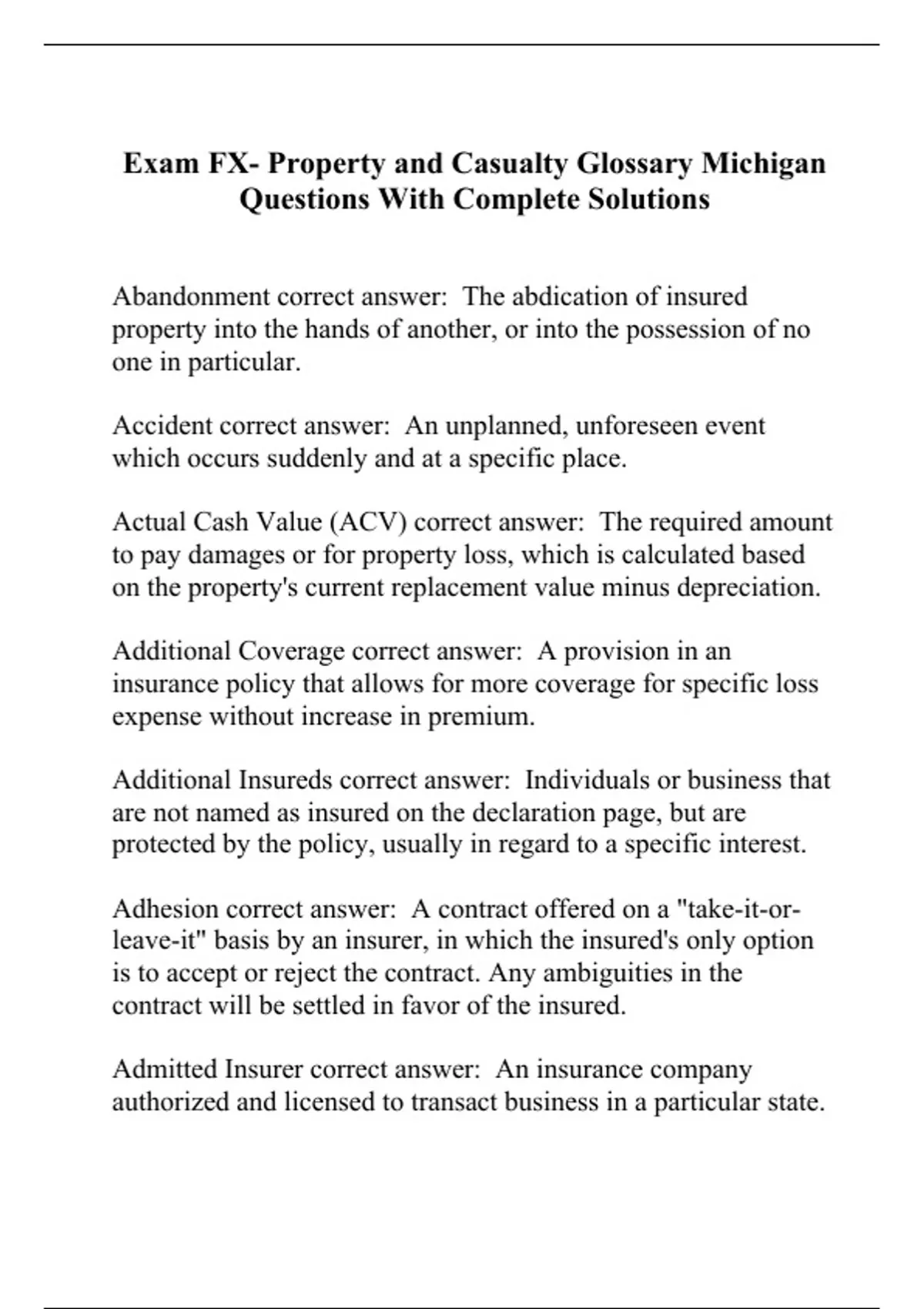 Exam FX- Property and Casualty Glossary Michigan Questions With ...