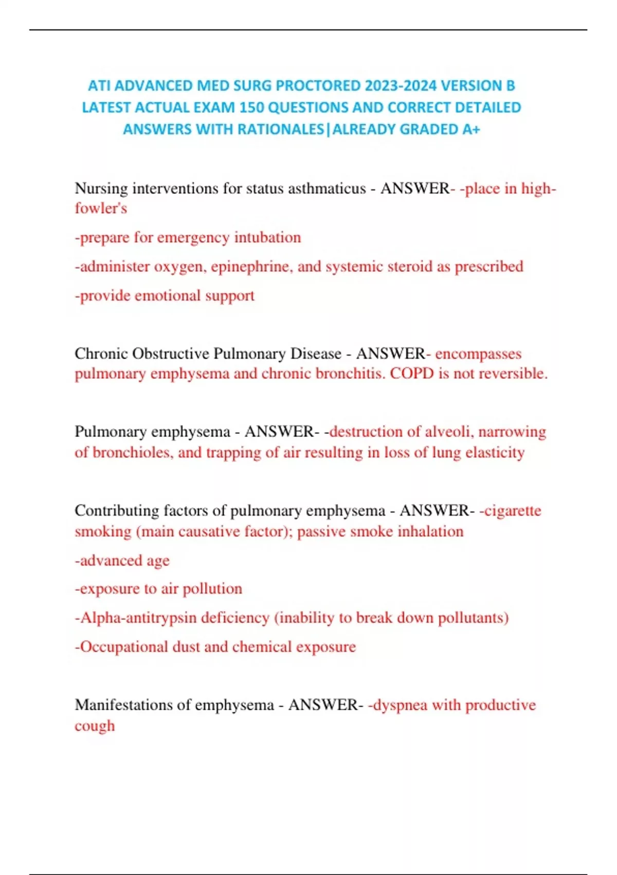 ATI ADVANCED MED SURG PROCTORED FORM A AND B (WITH GLASGOW COMA SCALE ...