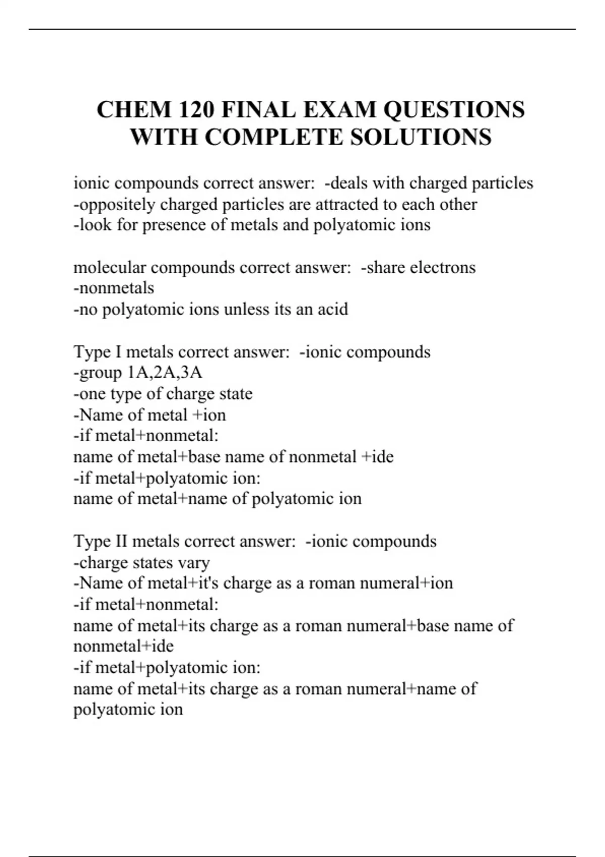CHEM 120 FINAL EXAM QUESTIONS WITH COMPLETE SOLUTION - CHEM 120 - Stuvia US