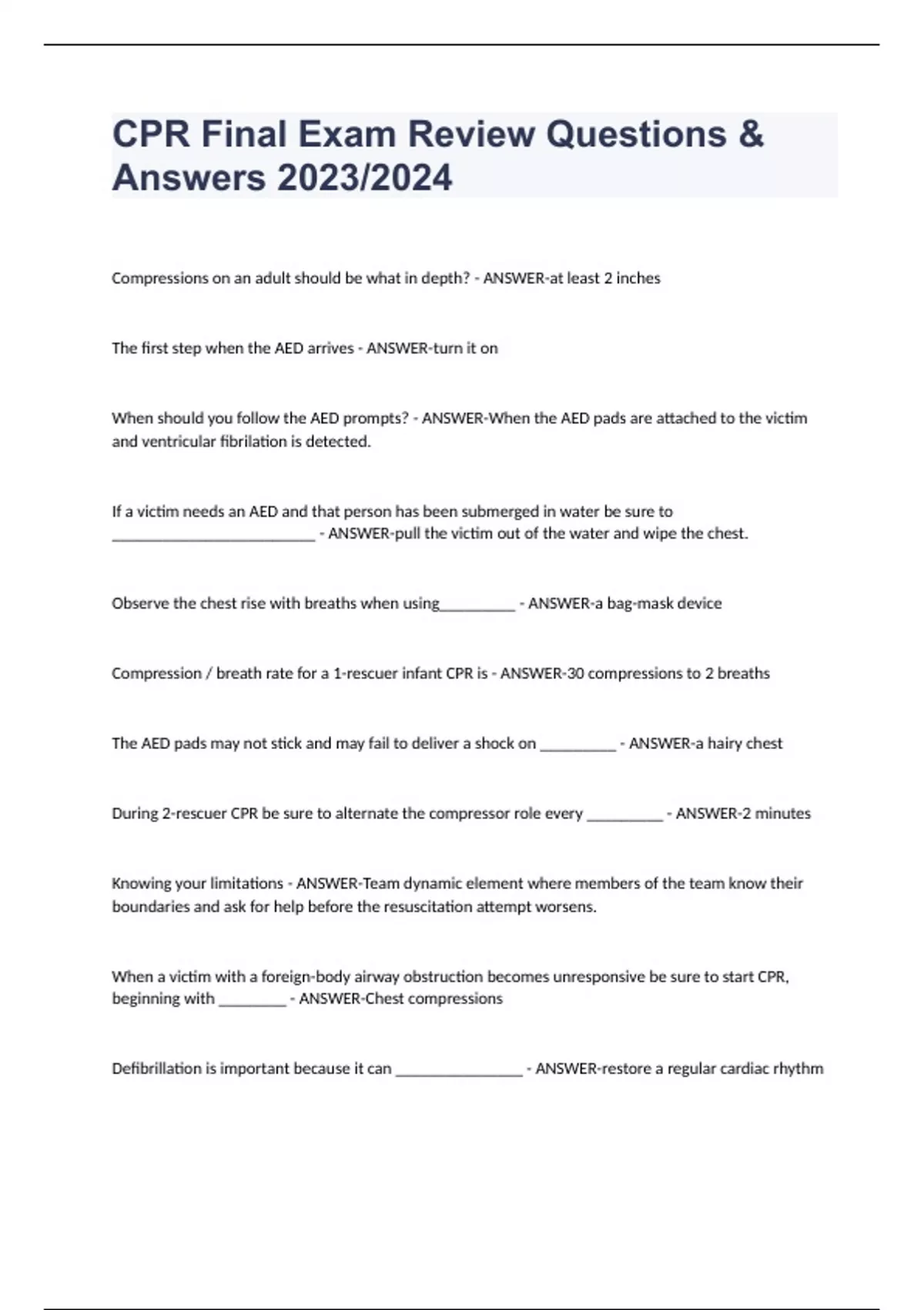 CPR Final Exam Review Questions & Answers 2023/2024 - CPR - Stuvia US