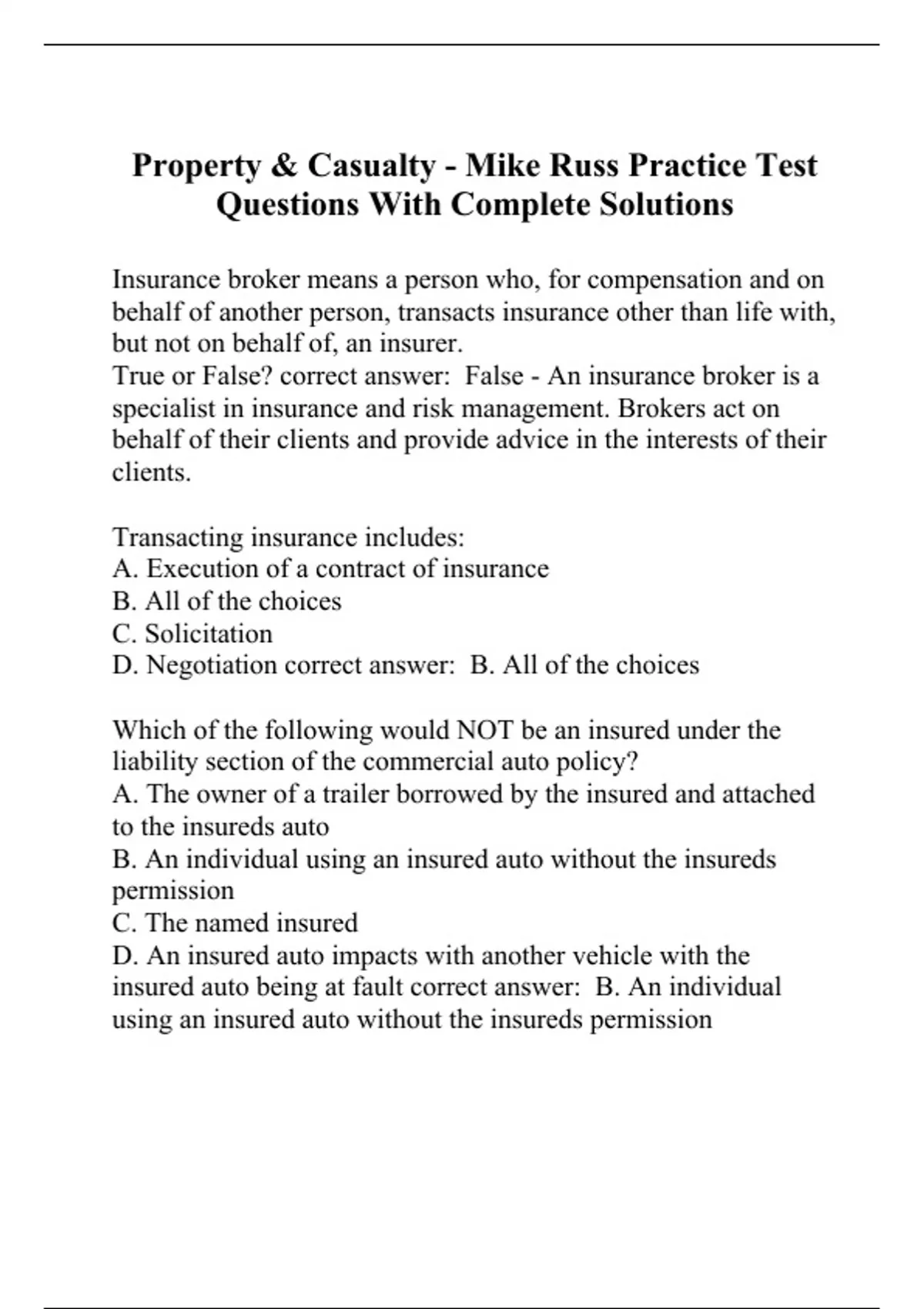Property & Casualty - Mike Russ Practice Test Questions With Complete ...