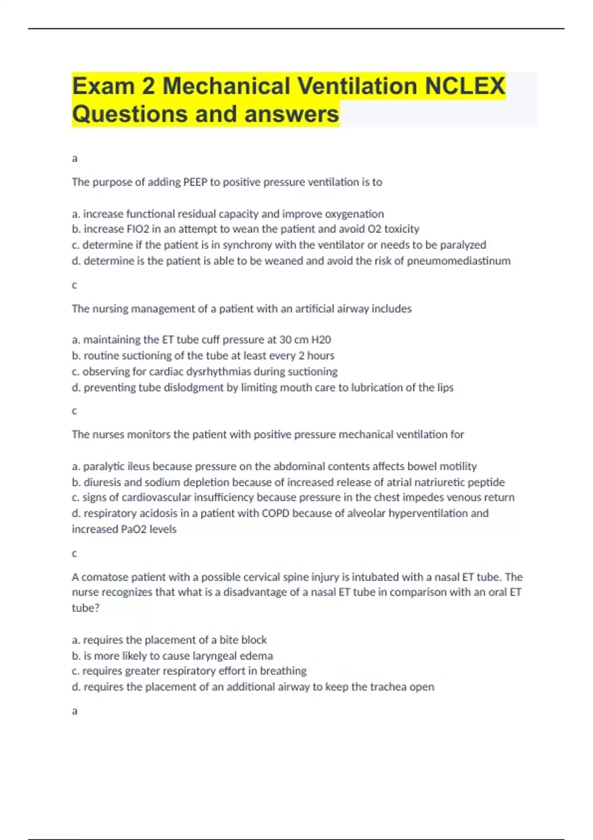 Exam 2 Mechanical Ventilation NCLEX Questions and answers - MECHANICAL ...