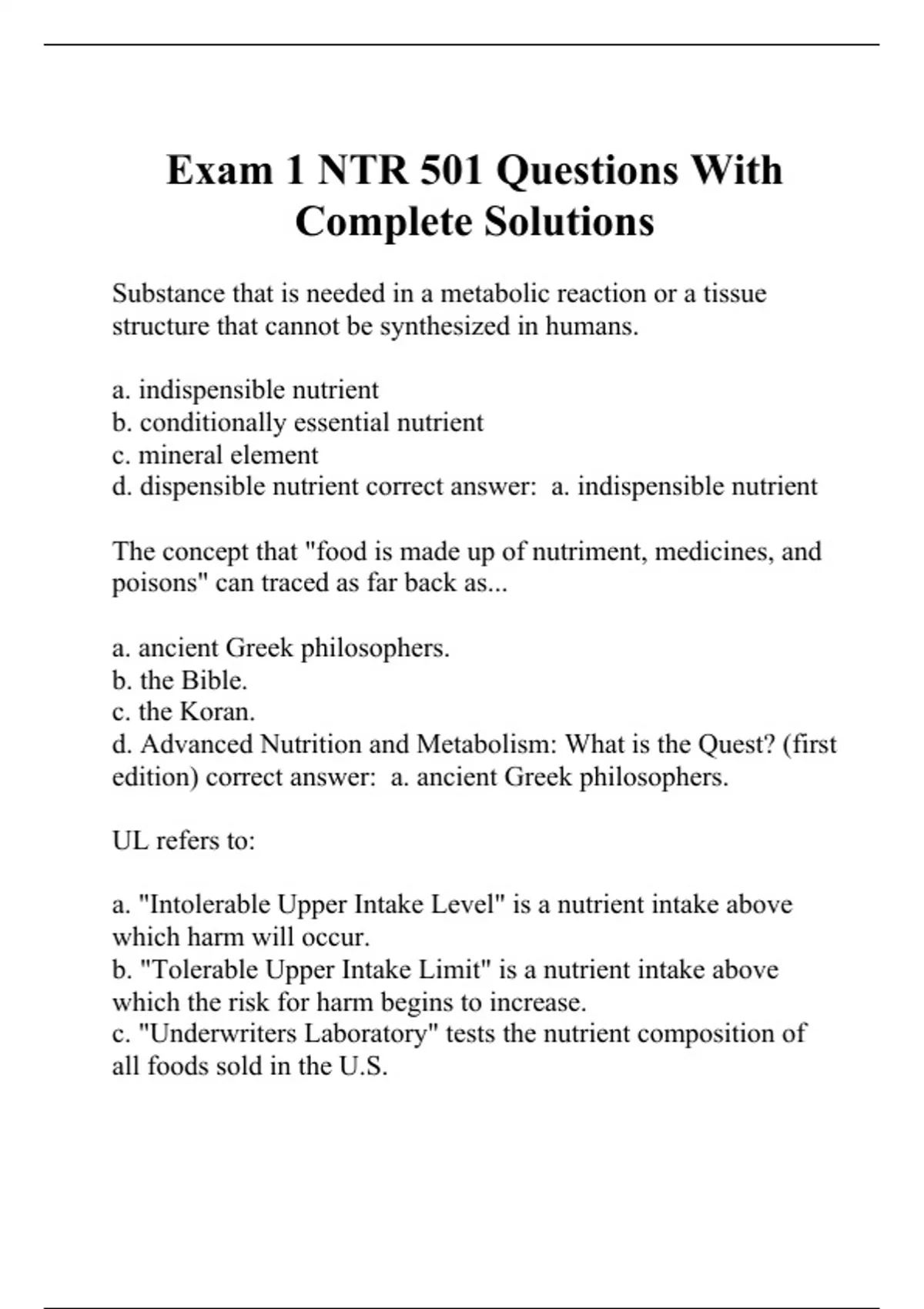 Exam 1 NTR 501 Questions With Complete Solutions - NUT 501 - Stuvia US