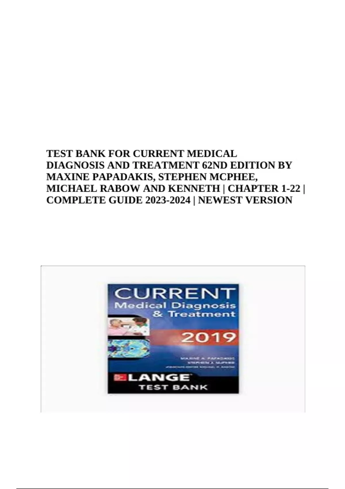 CURRENT MEDICAL DIAGNOSIS AND TREATMENT 62ND EDITION TEST BANK BY ...