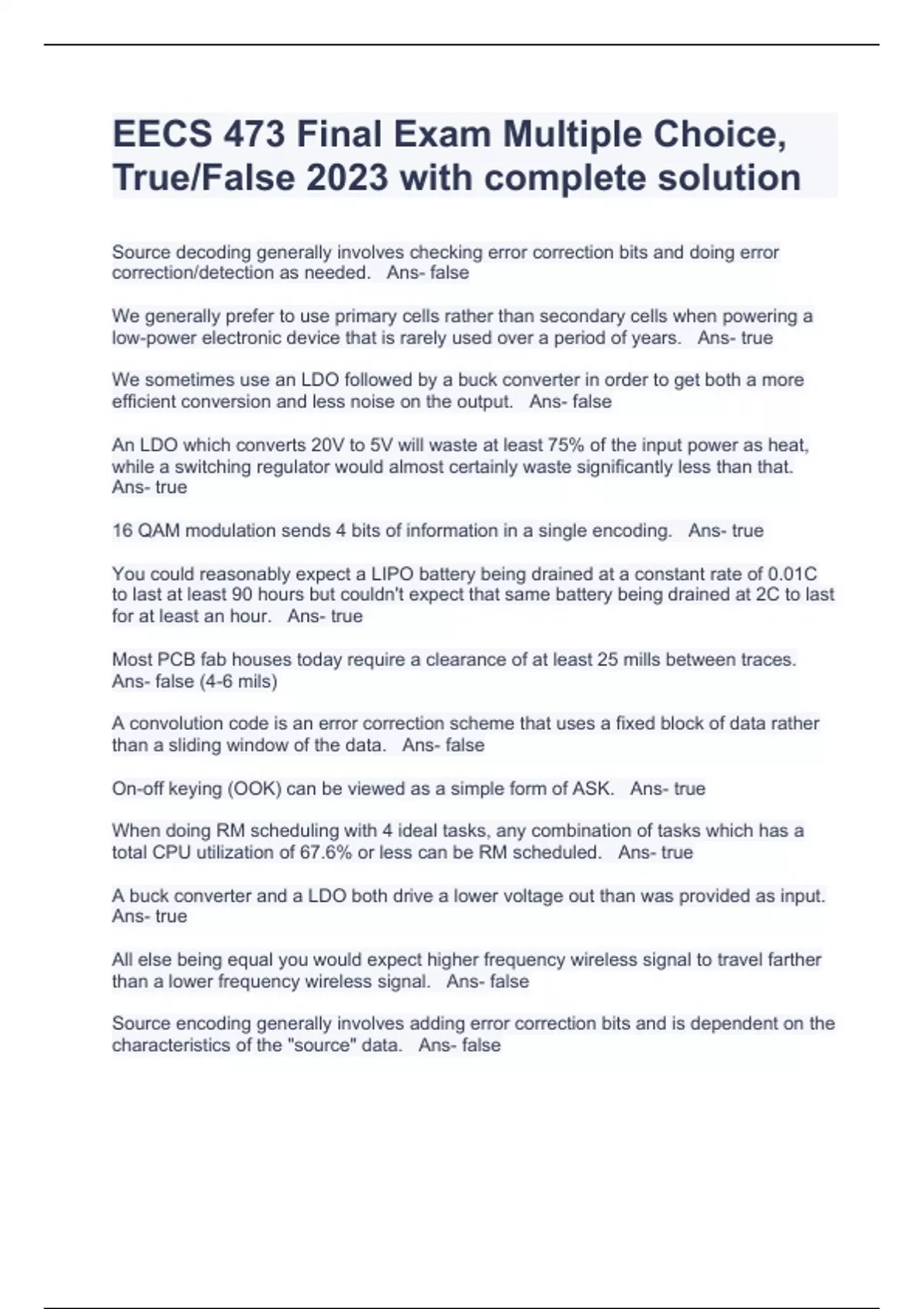 EECS 473 Final Exam Multiple Choice, True/False 2023 with complete ...