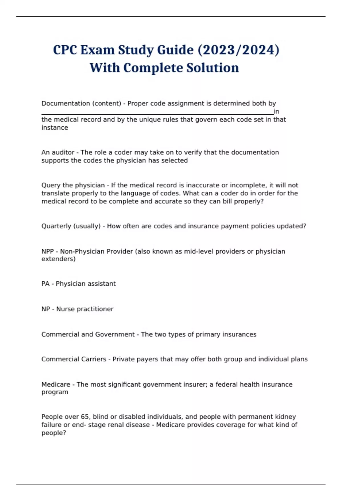 CPC Exam Study Guide (2023/2024) With Complete Solution - CPC - Stuvia US